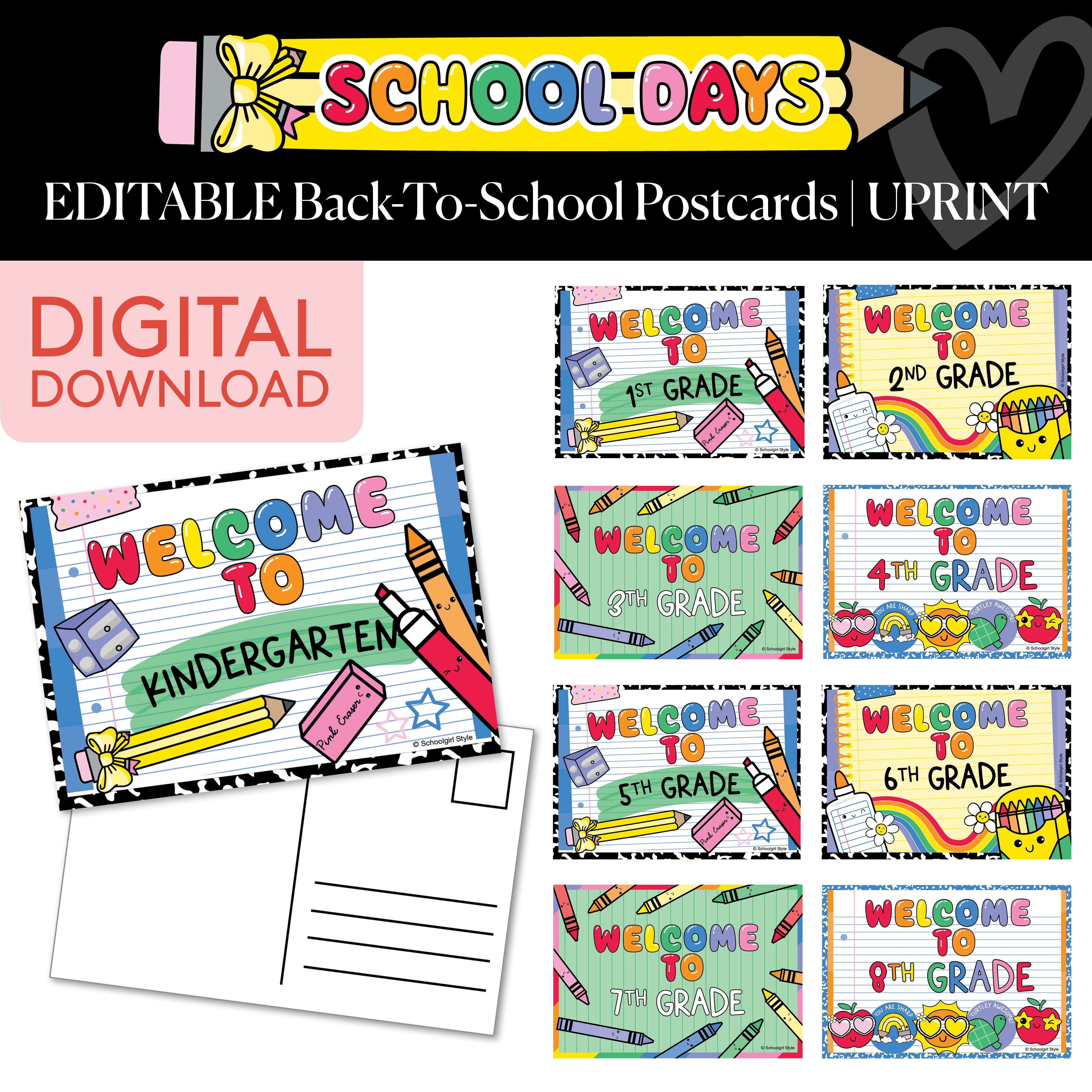 Printable Bright Rainbow Editable Back to School Postcards | School Da ...