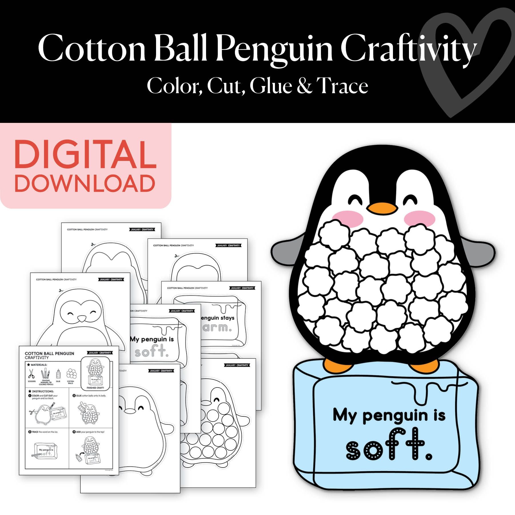 Printable January Cotton Ball Penguin Craftivity – Schoolgirl Style