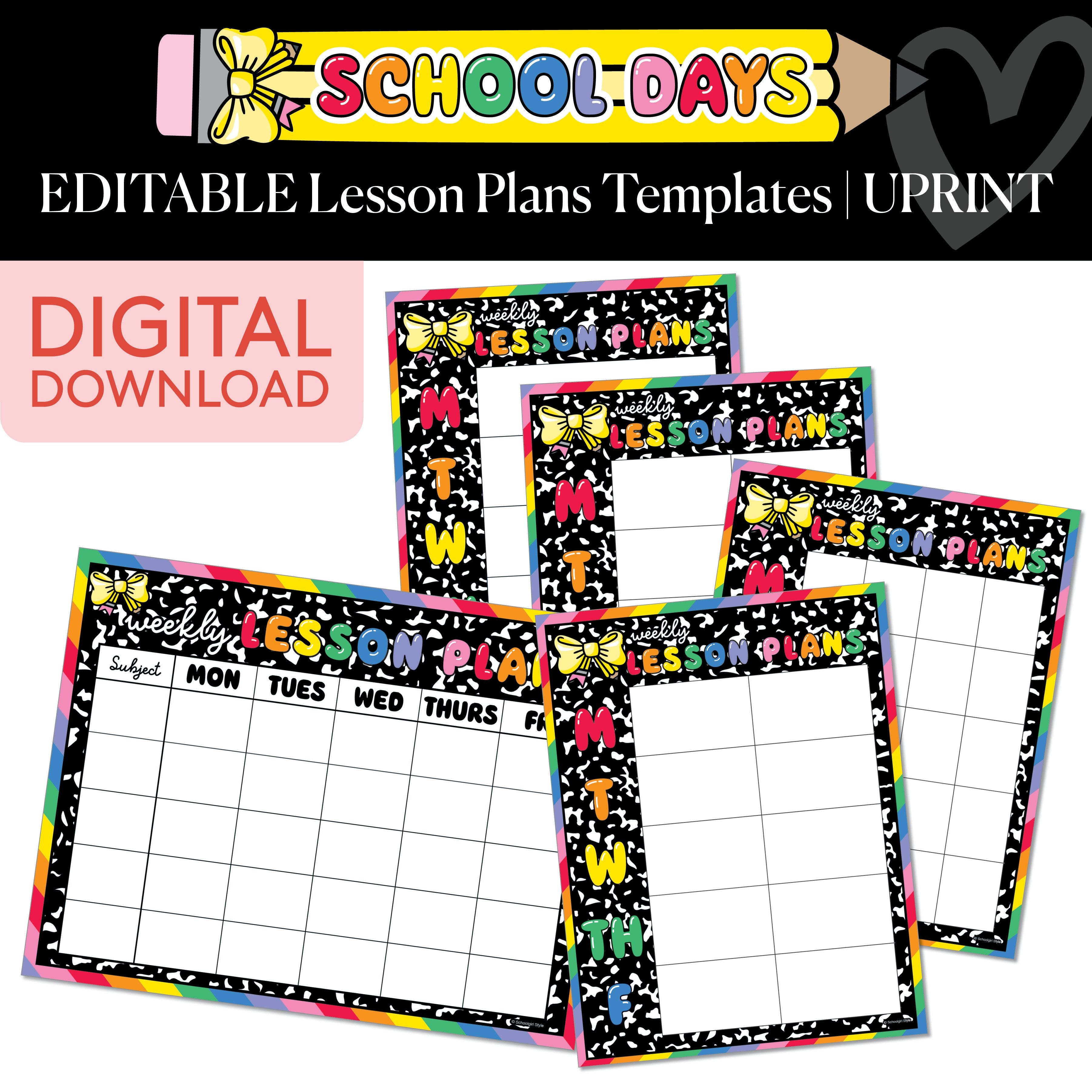 Printable Bright Rainbow Editable Lesson Plan Templates | School Days ...