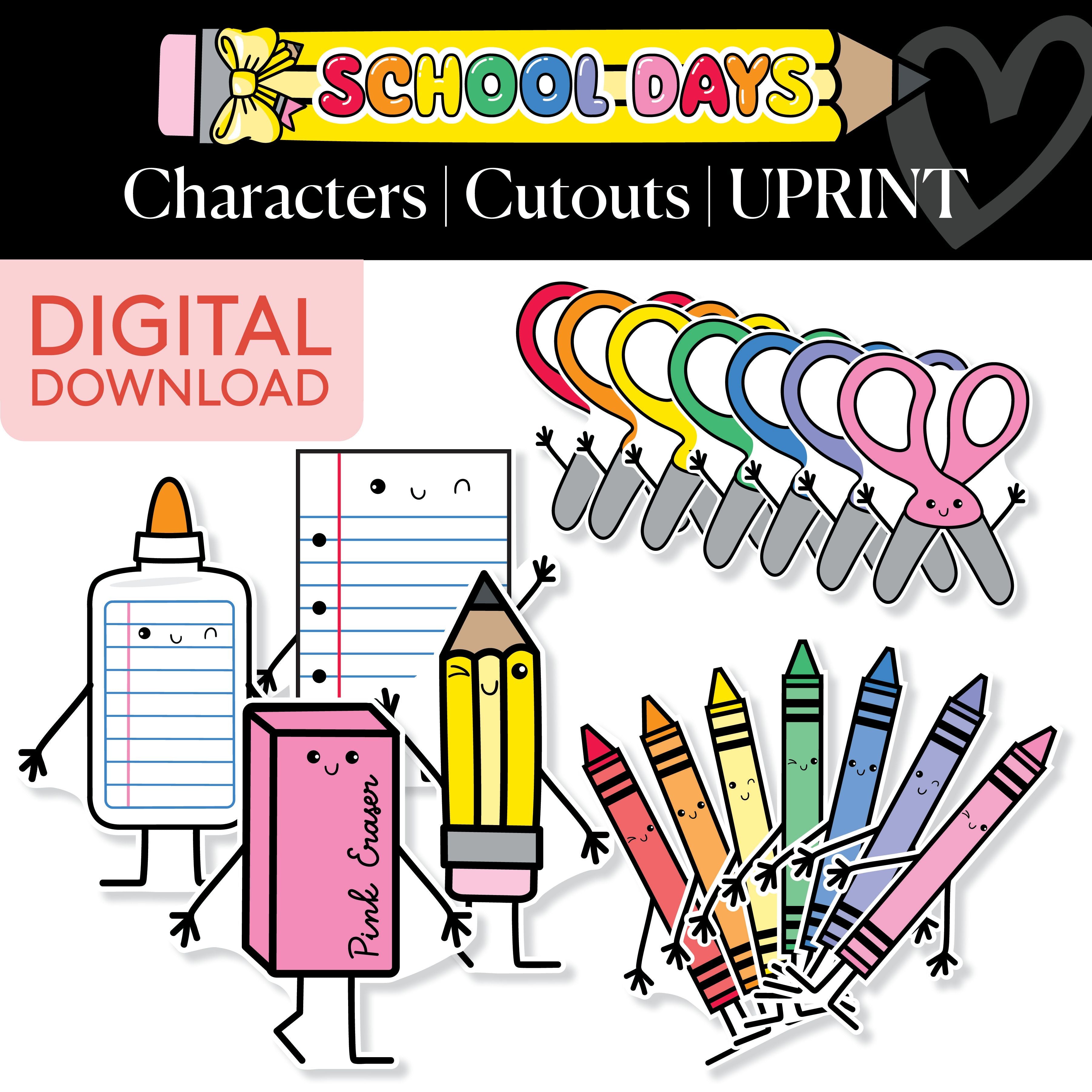 Printable Bright Rainbow School Supply Characters Bulletin Board Cutou ...