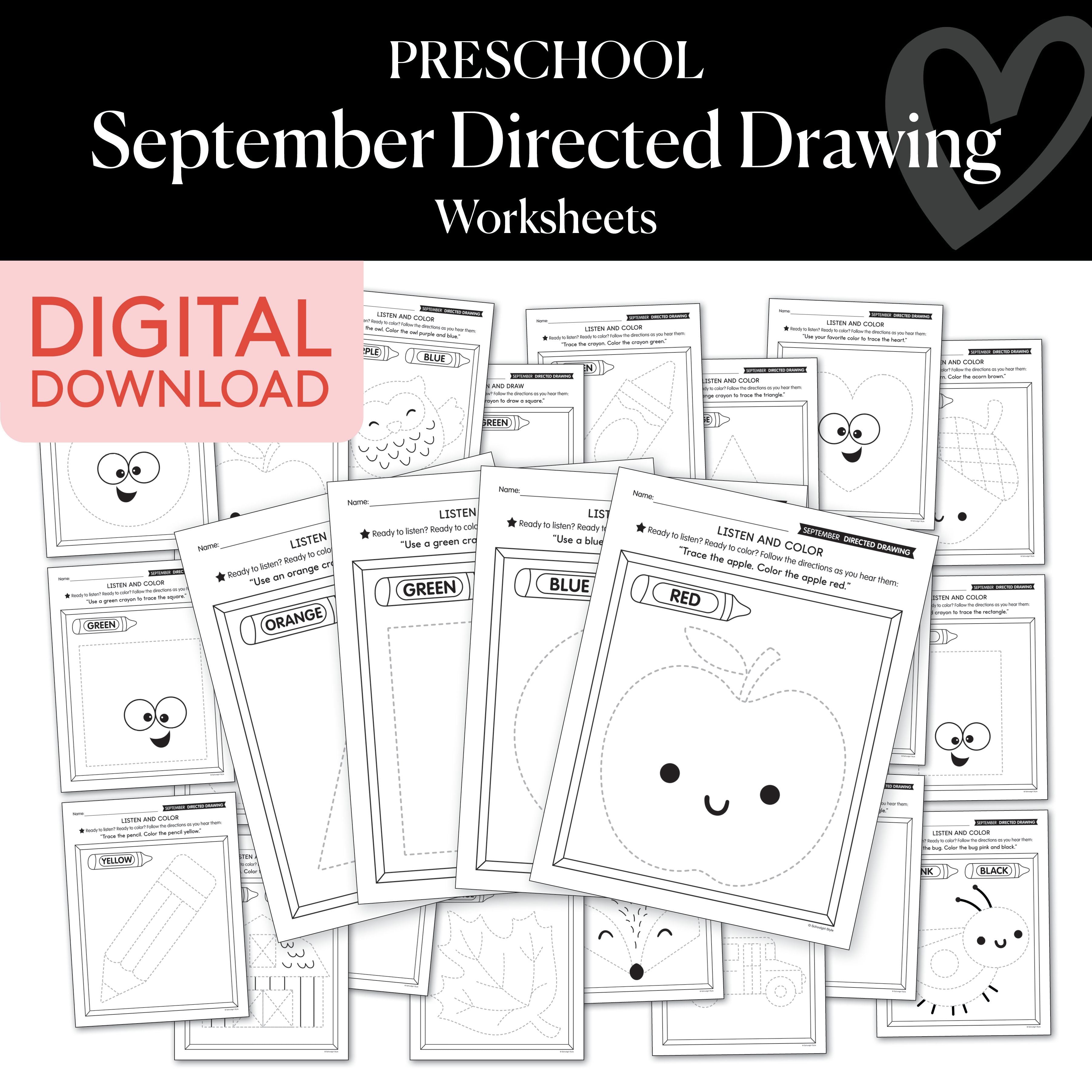 Preschool September Directed Drawing Worksheets – Schoolgirl Style