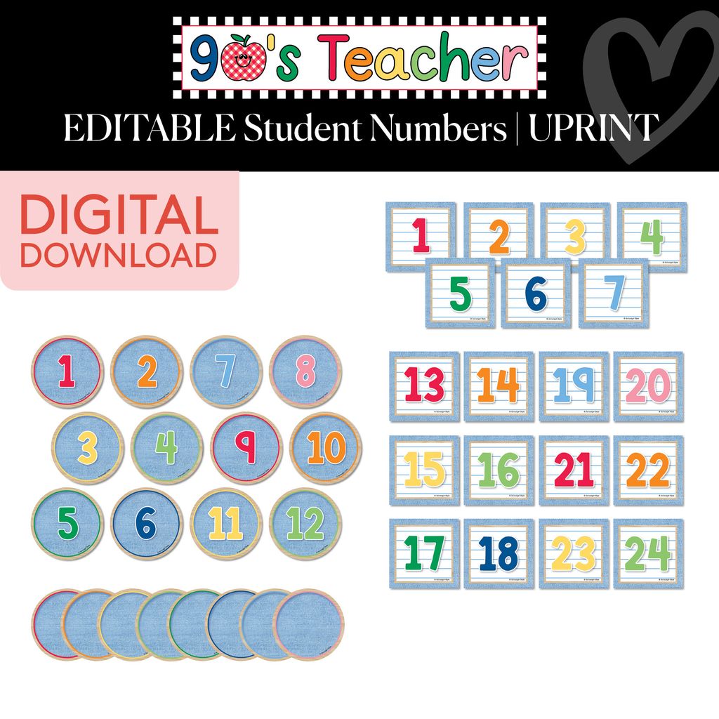 Printable Retro Editable Student Numbers | 90s Teacher – Schoolgirl Style