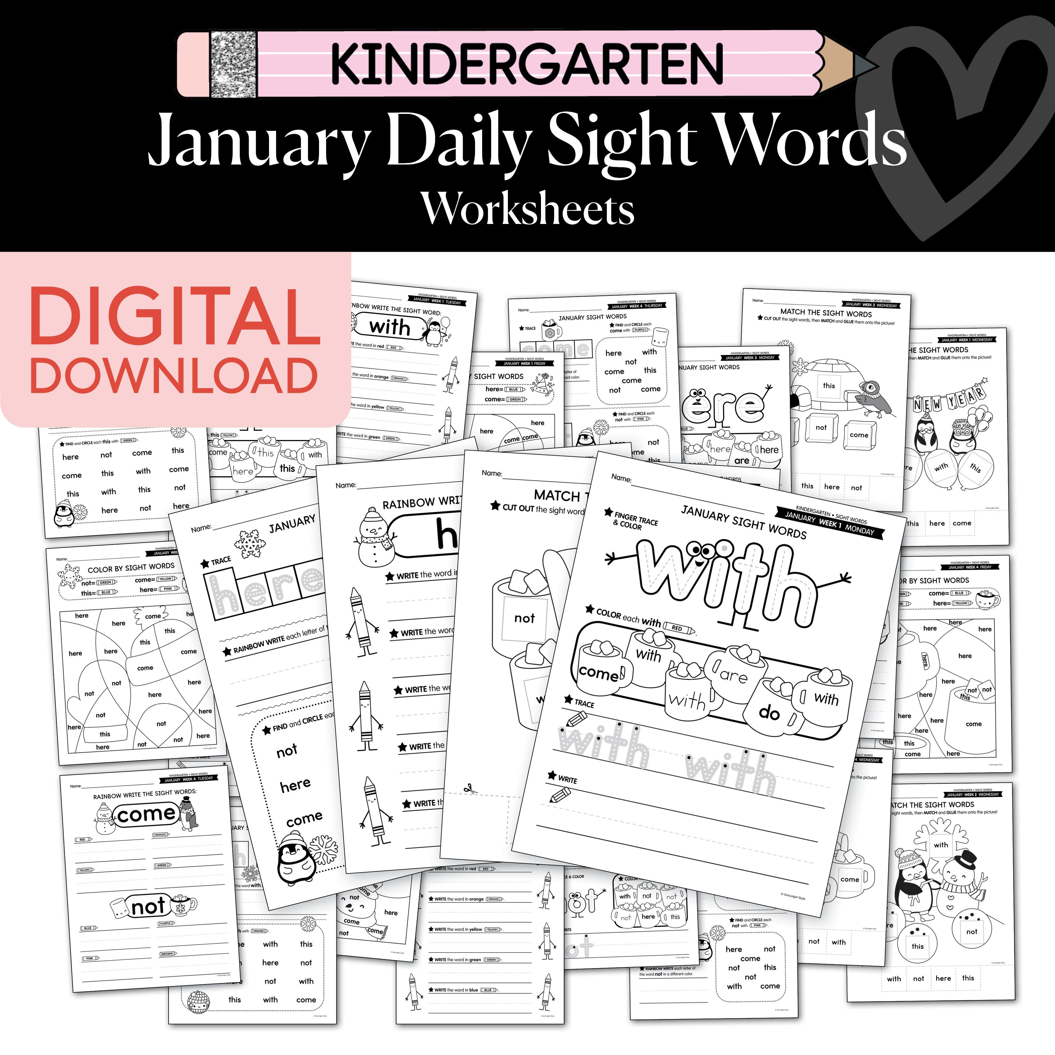 Printable Kindergarten January Daily Sight Words – Schoolgirl Style