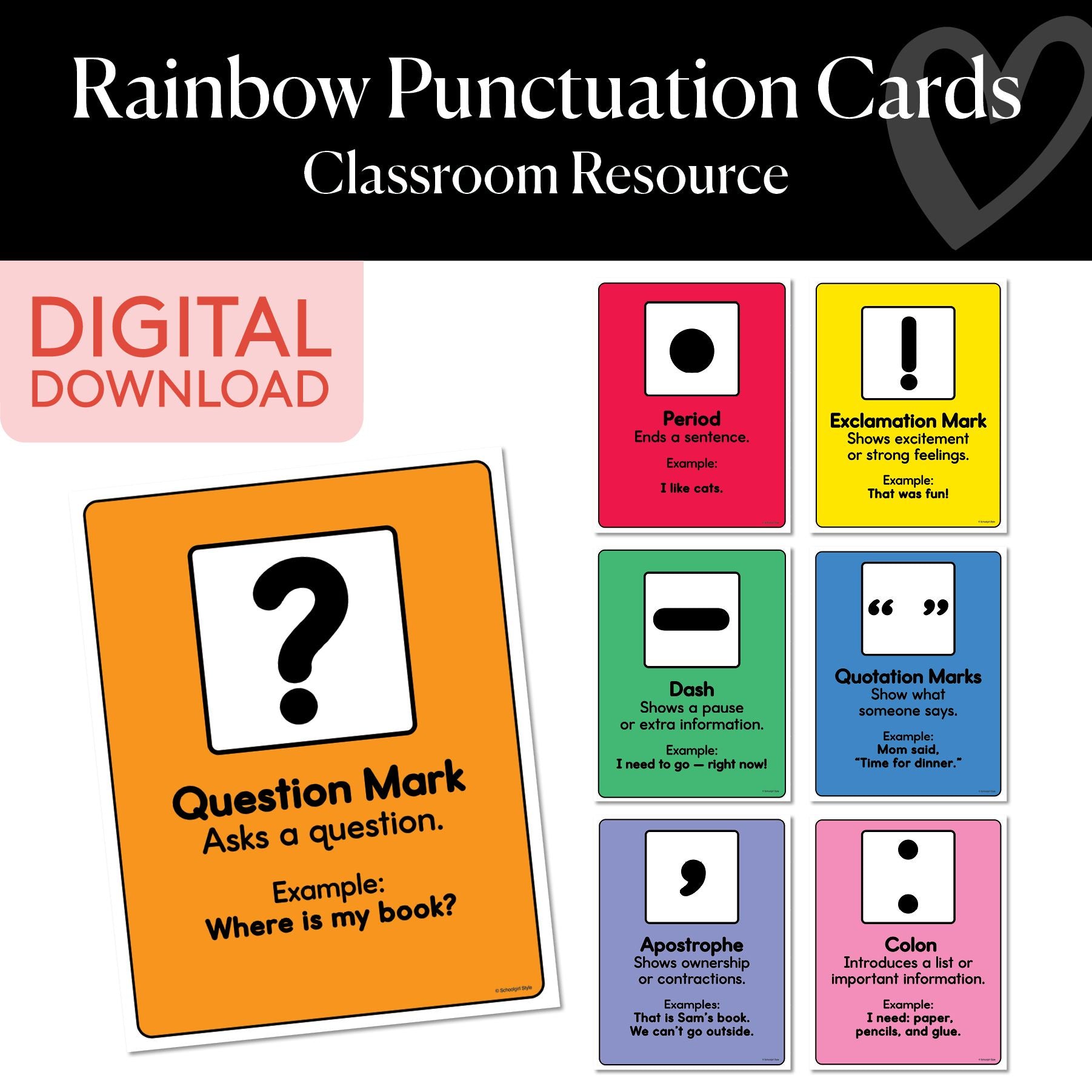 Printable Rainbow Punctuation Cards – Schoolgirl Style