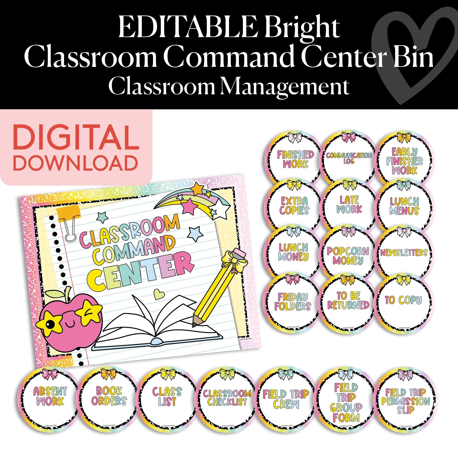 Printable Bright Command Center Classroom Bin – Schoolgirl Style