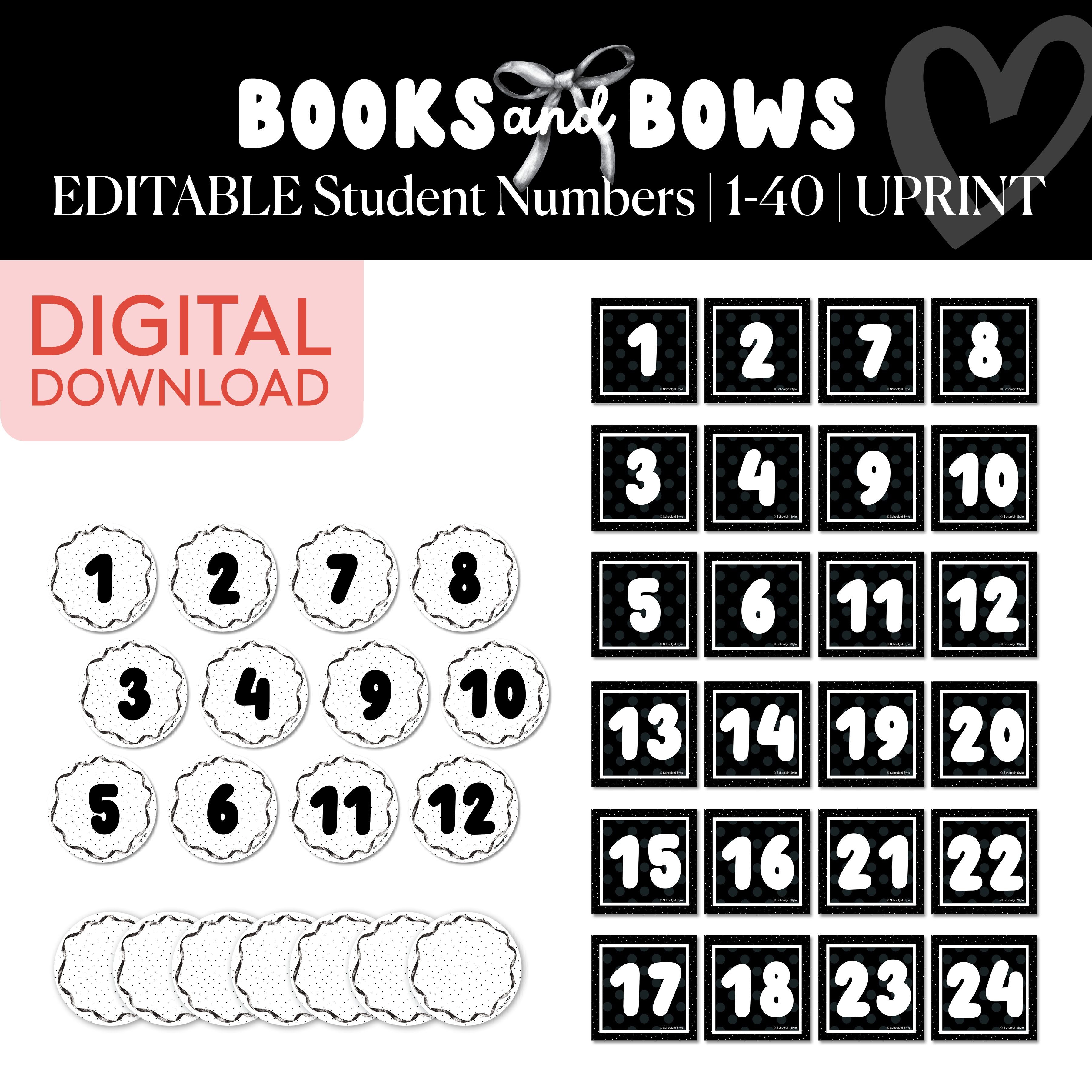 Printable Black and White Editable Student Numbers | Books and Bows ...