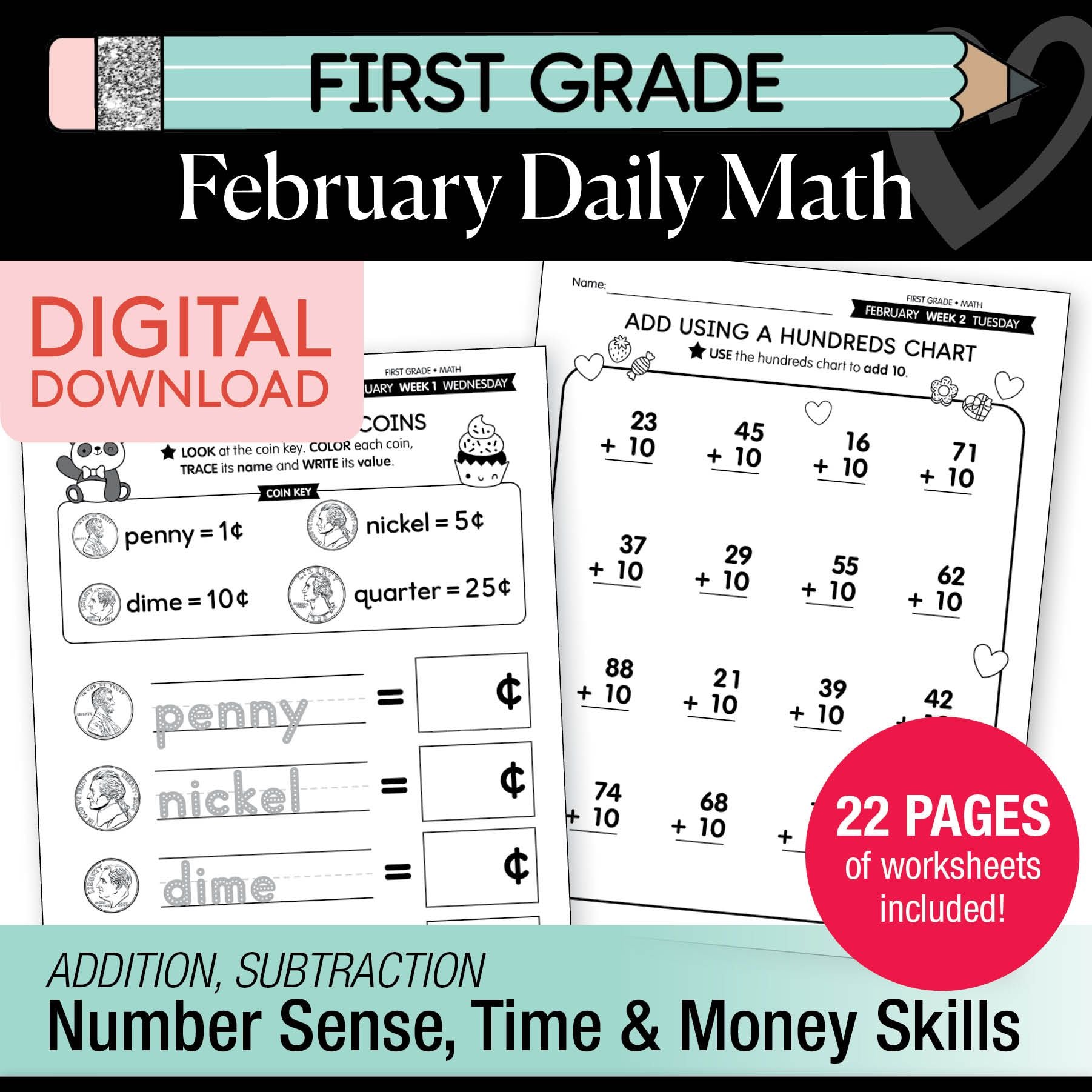 Printable First Grade February Daily Math – Schoolgirl Style