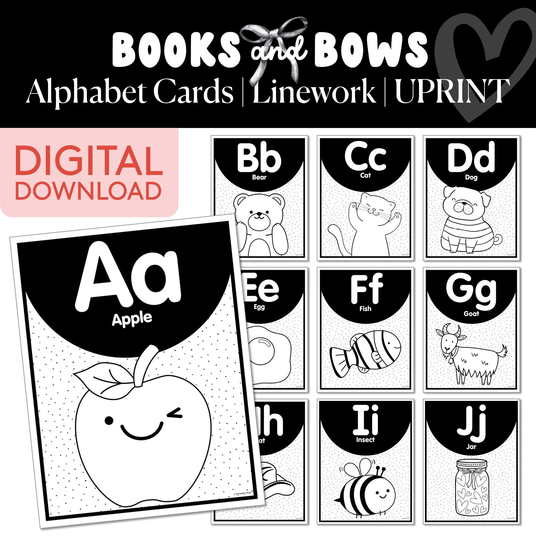 Black and White Printable Alphabet Cards with Linework | Books and Bow ...