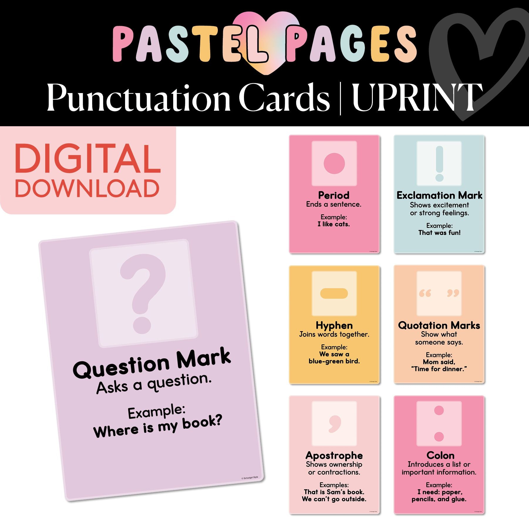 Printable Boho Pastel Punctuation Cards | Pastel Pages – Schoolgirl Style