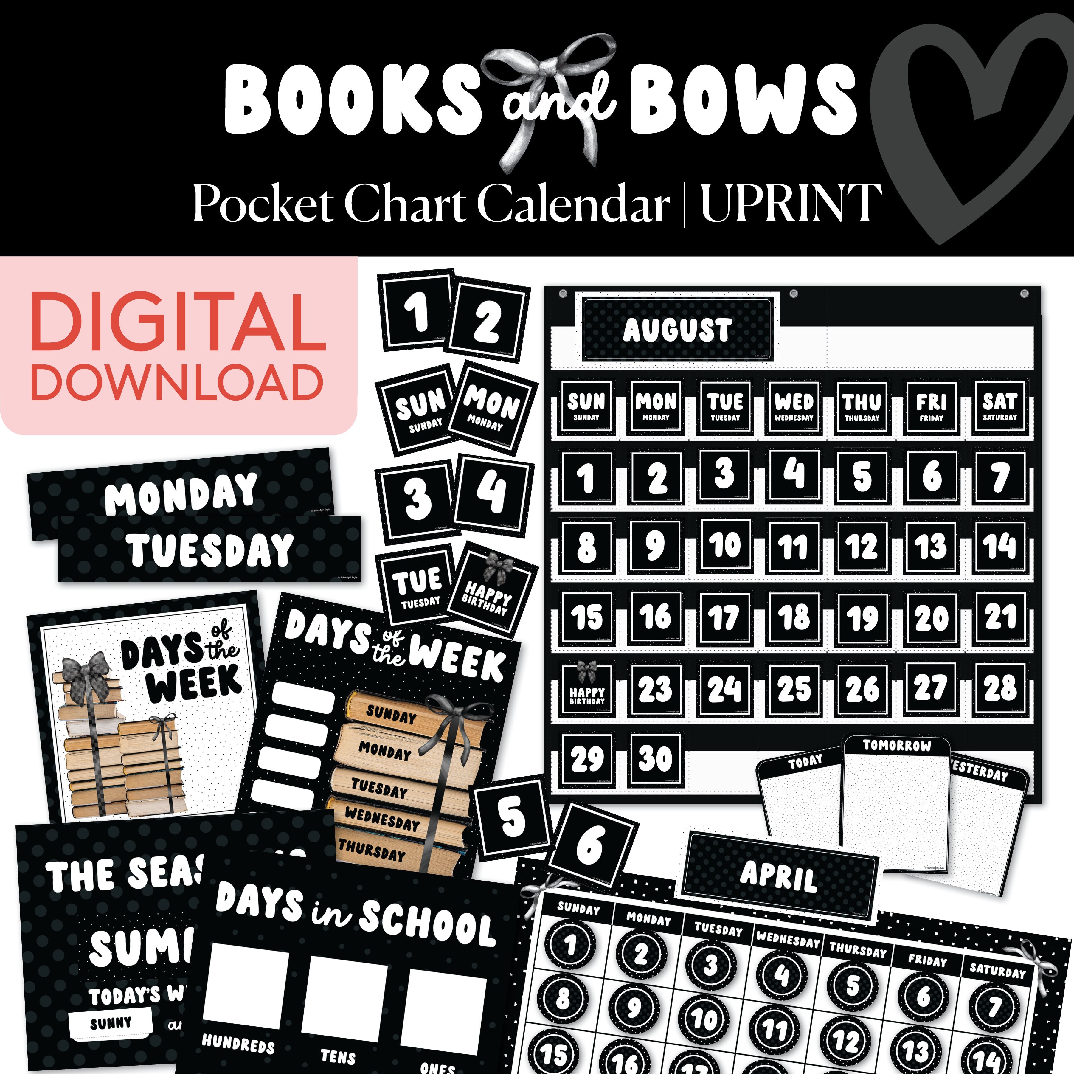 Black and White Printable Pocket Chart Calendar | Books and Bows ...