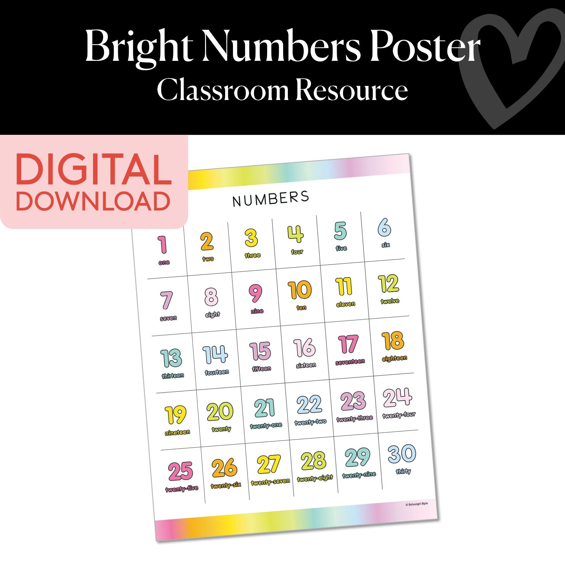 Printable Bright Numbers 1–30 Poster – Schoolgirl Style