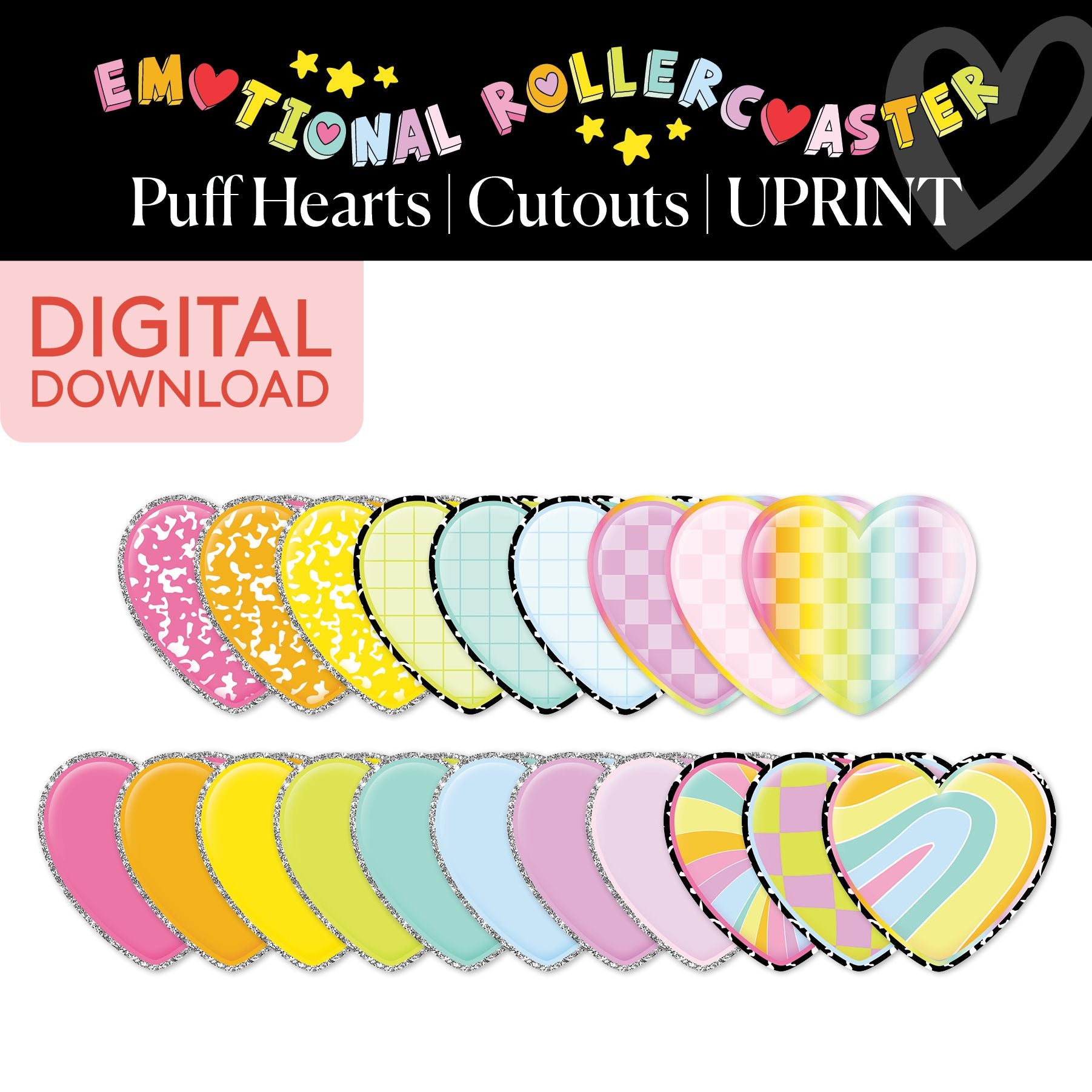 Printable Rainbow Pastel Puff Hearts Bulletin Board Cutouts | Emotiona ...