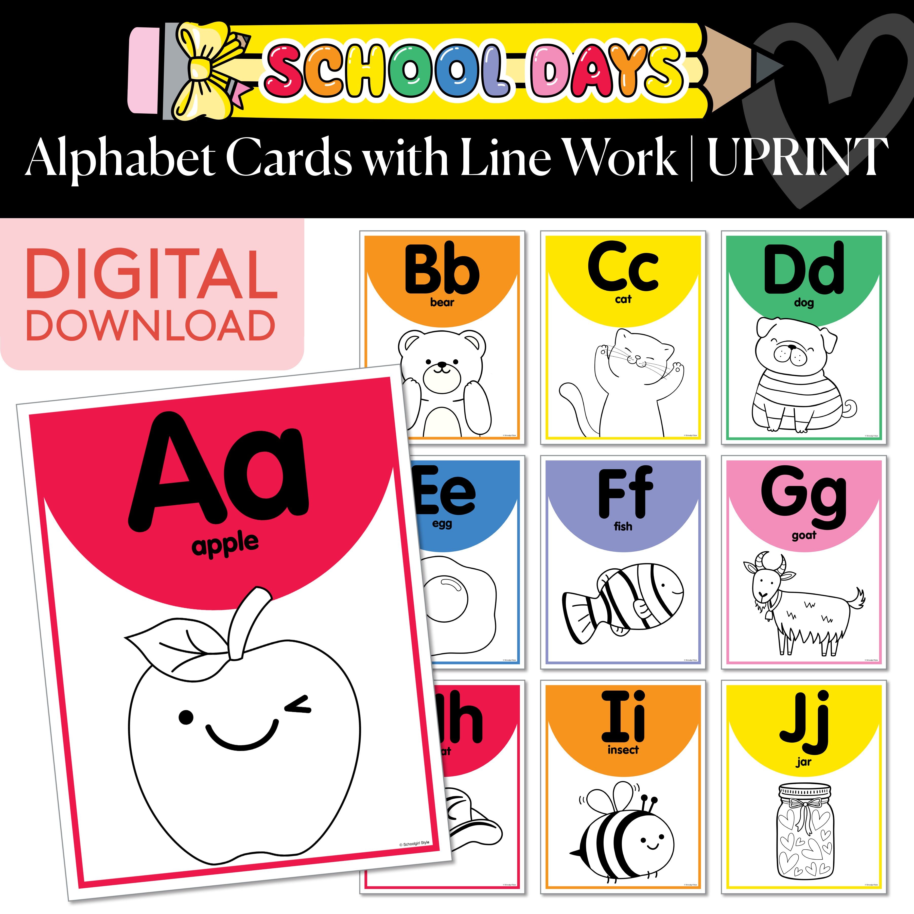 Printable Bright Rainbow Alphabet Cards with Line Work | School Days ...