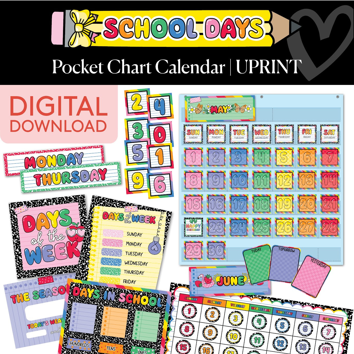 Printable Bright Rainbow Pocket Chart Calendar | School Days ...