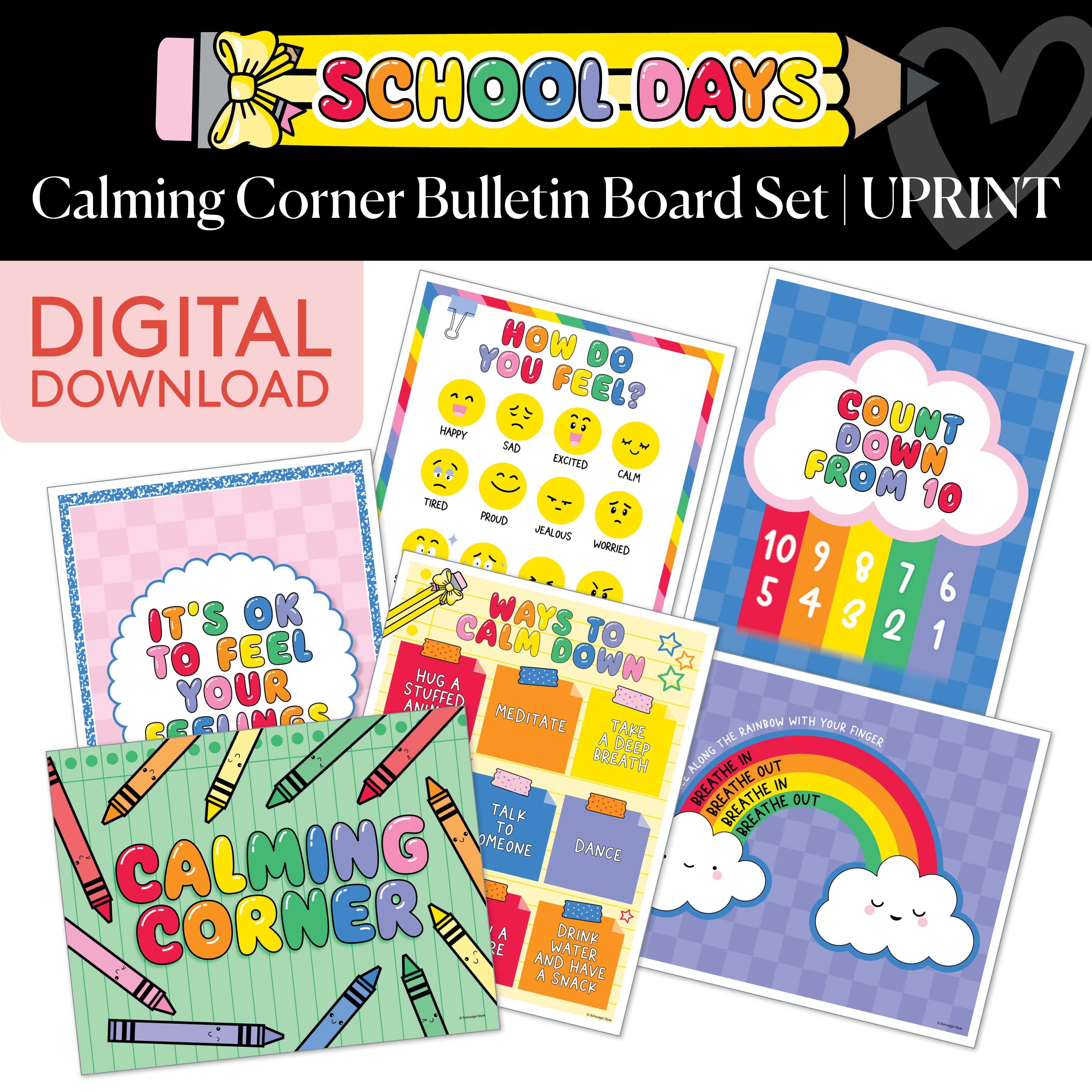 Printable Bright Rainbow Calming Corner Bulletin Board Set | School Da ...