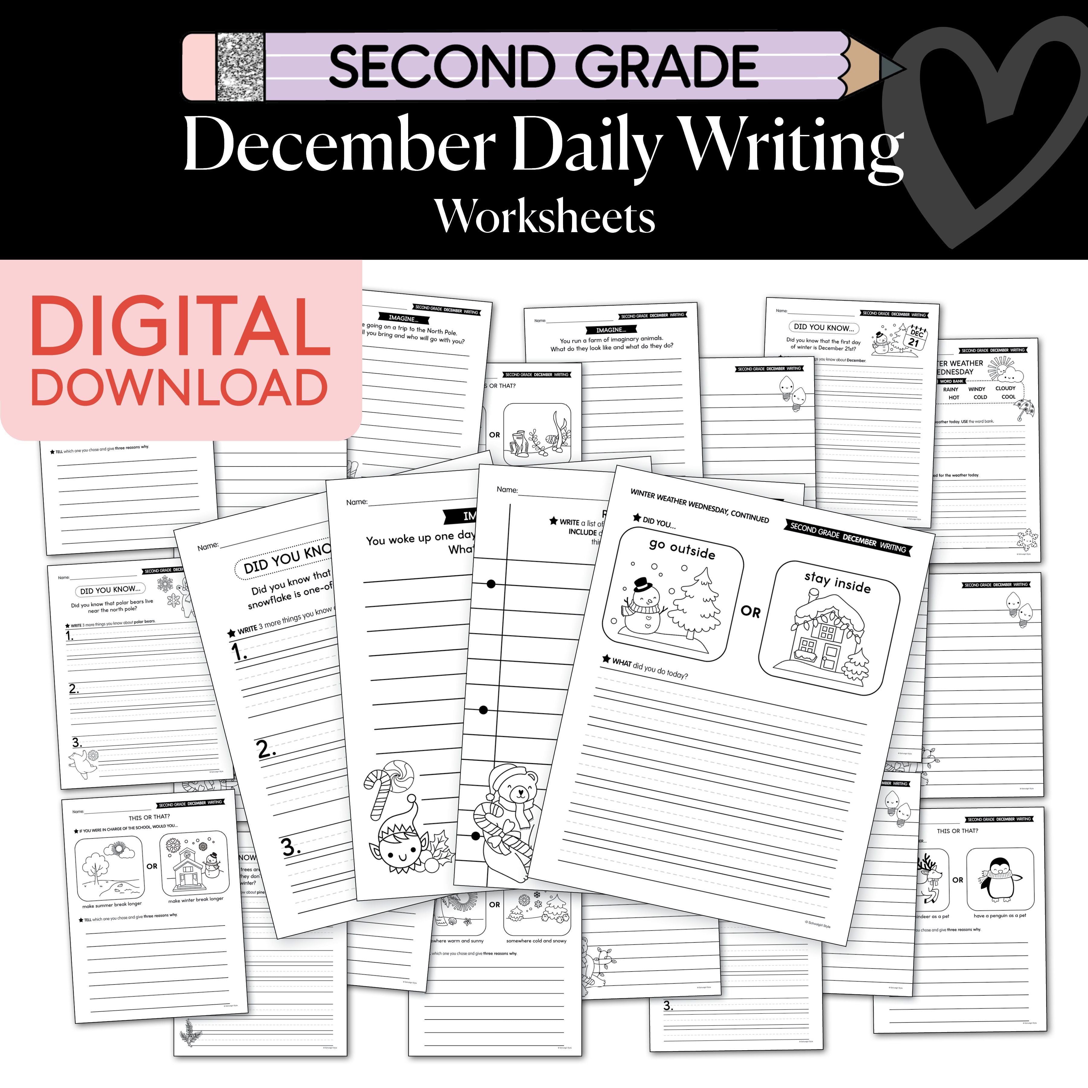Printable Second Grade December Daily Writing – Schoolgirl Style