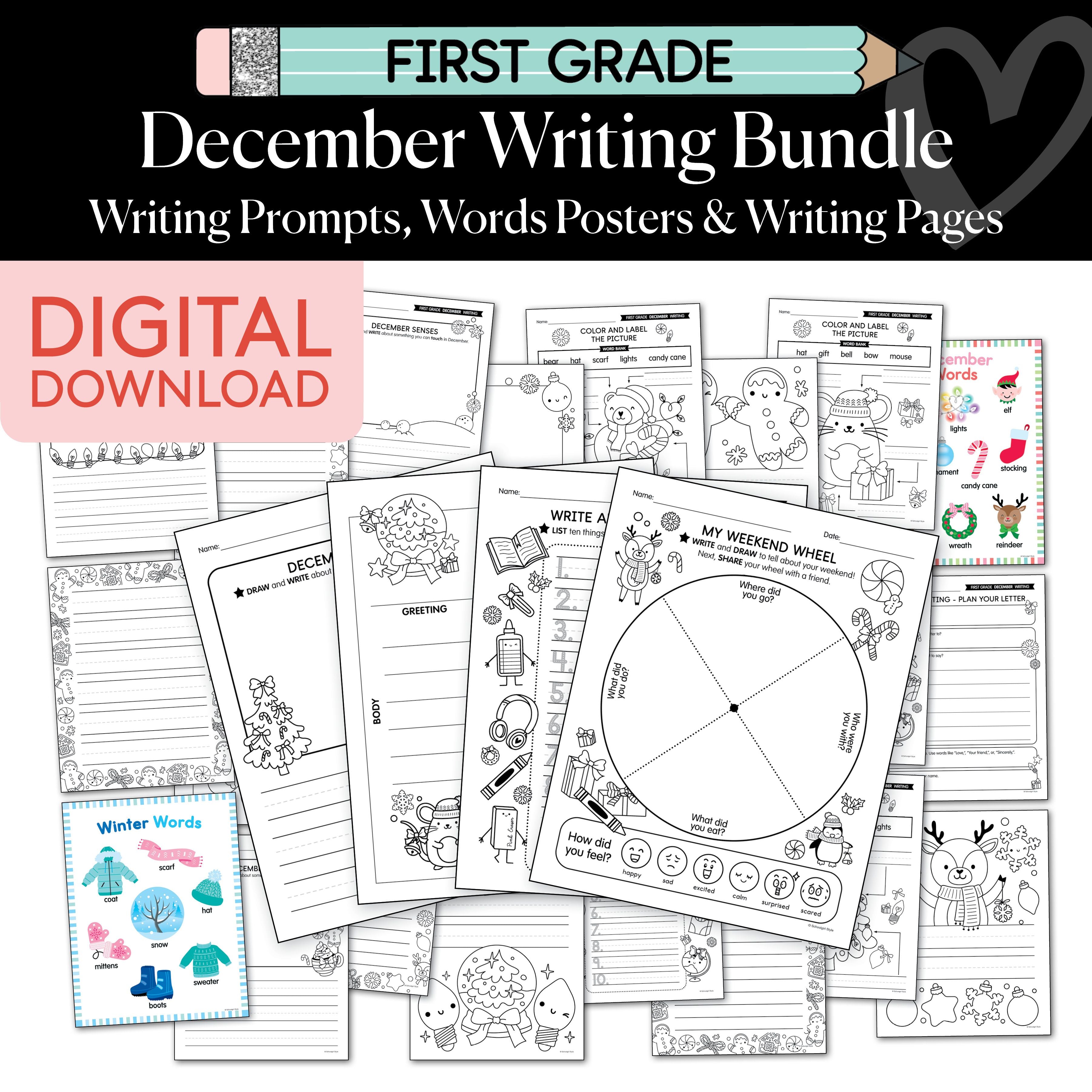 Printable First Grade December Writing Bundle – Schoolgirl Style