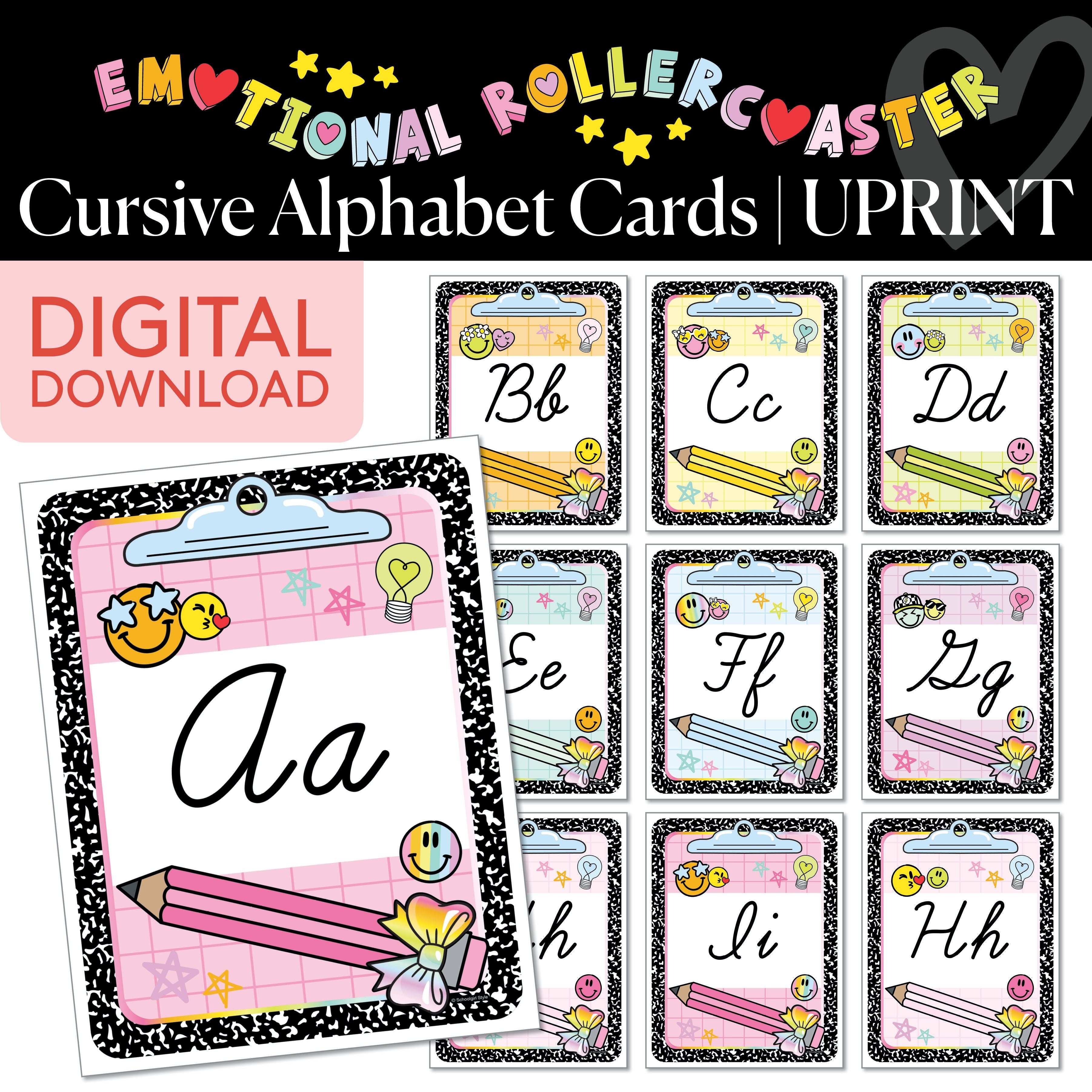 Printable Rainbow Pastel Clipboard Cursive Alphabet Cards | Emotional ...