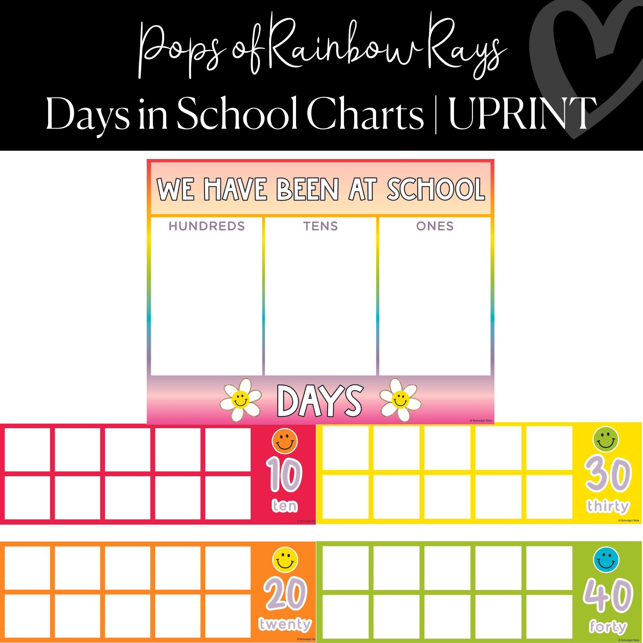 Days in School Chart | Rainbow and Retro Classroom Deco| Schoolgirl Style