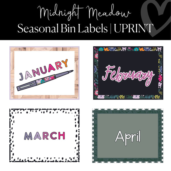 Seasonal Bin Labels | Floral Classroom | Midnight Meadow | UPRINT| Sch ...
