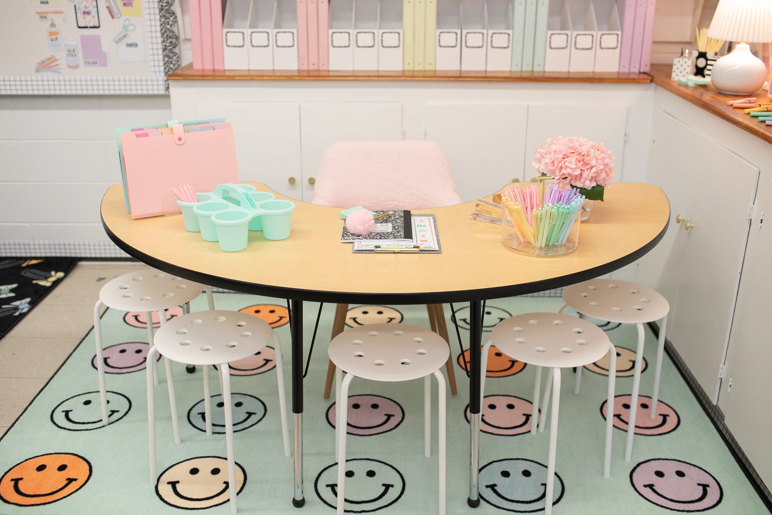 Smiley Faces on Mint Sit Spots Classroom Rug by Schoolgirl Style