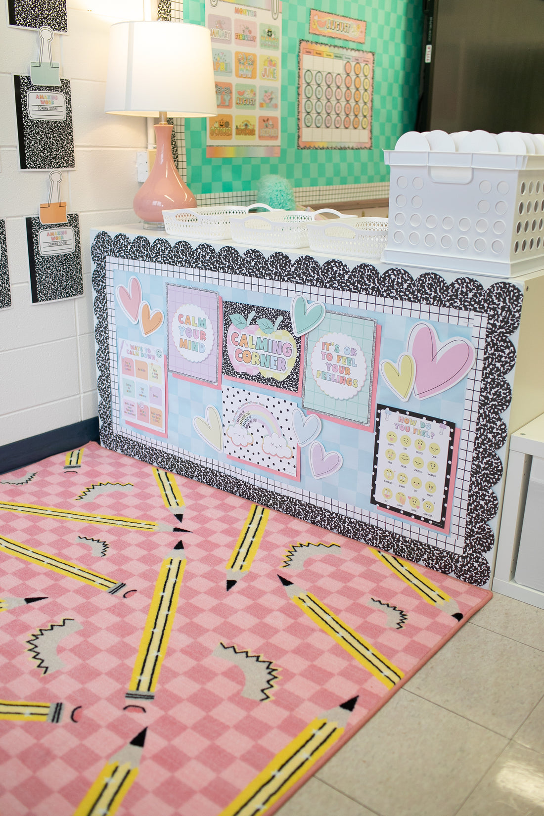 Pink Checkered with Pencils Classroom Rug by Schoolgirl Style