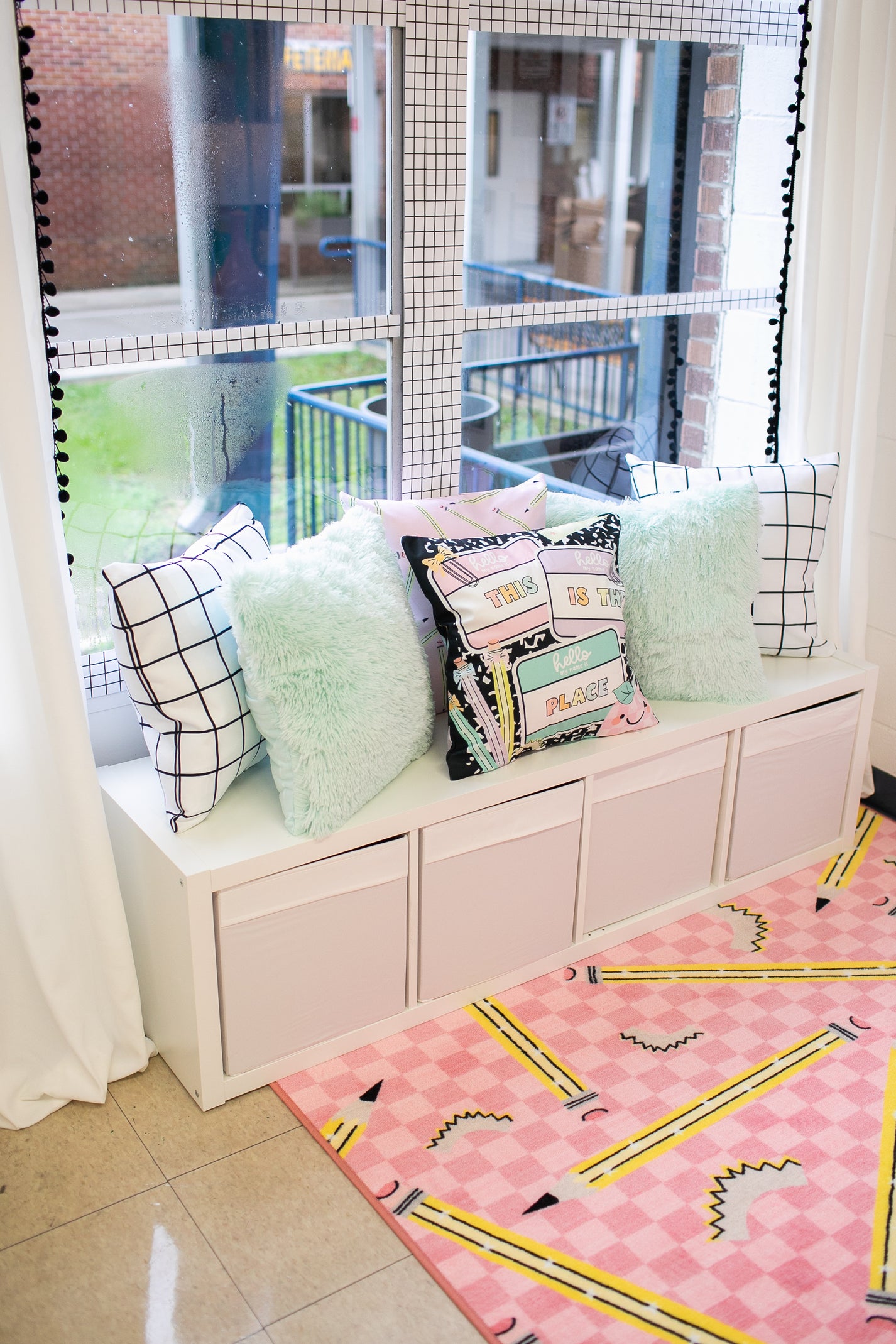 Pink Checkered with Pencils Classroom Rug by Schoolgirl Style