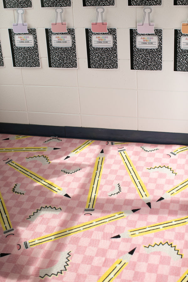 Pink Checkered with Pencils Classroom Rug by Schoolgirl Style