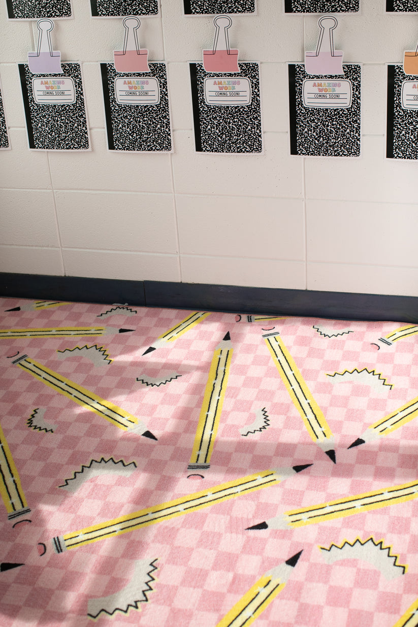 Pink Checkered with Pencils Classroom Rug by Schoolgirl Style