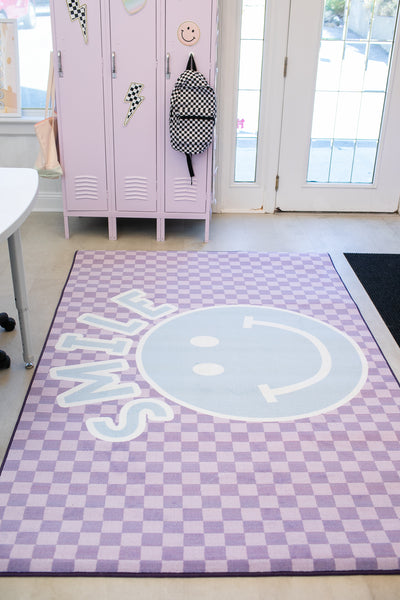 Smiley on Lavender Checkerboard Rug | Lavender Classroom Rug | Bring o ...