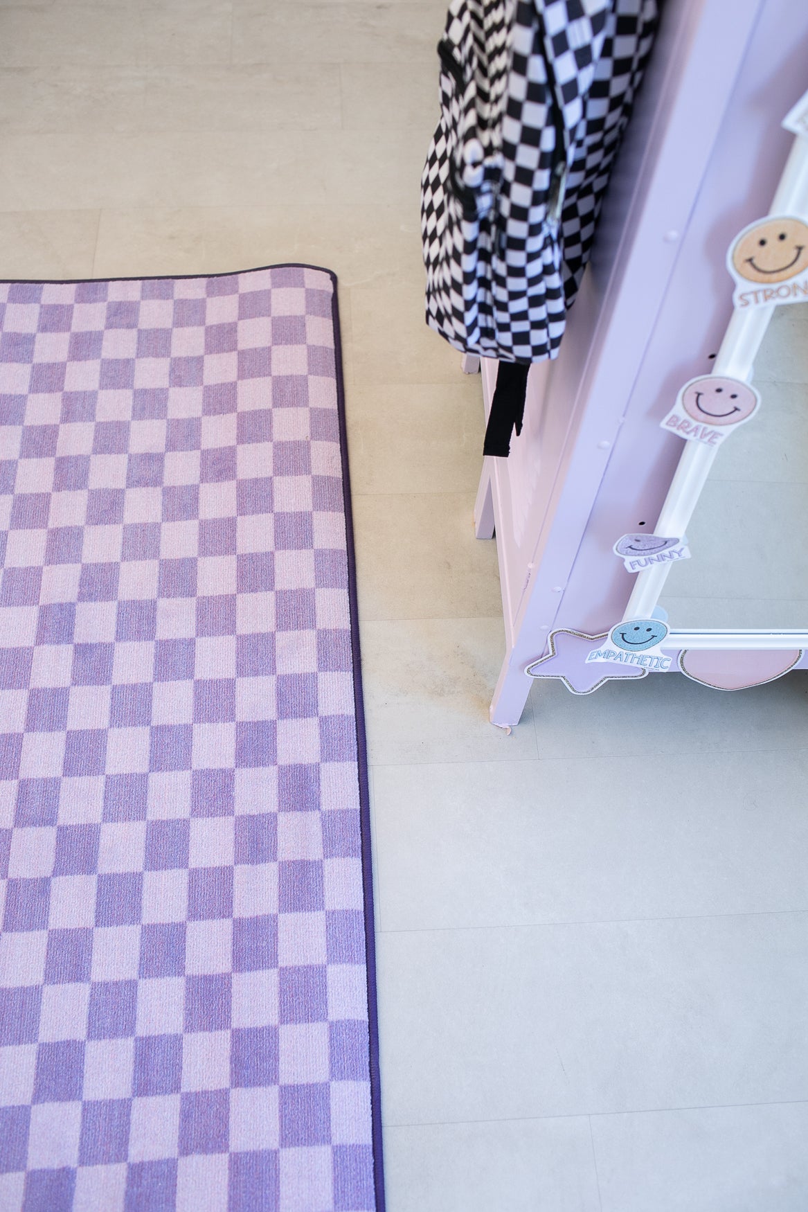 Smile Lavender Checkerboard Classroom Rug by Schoolgirl Style