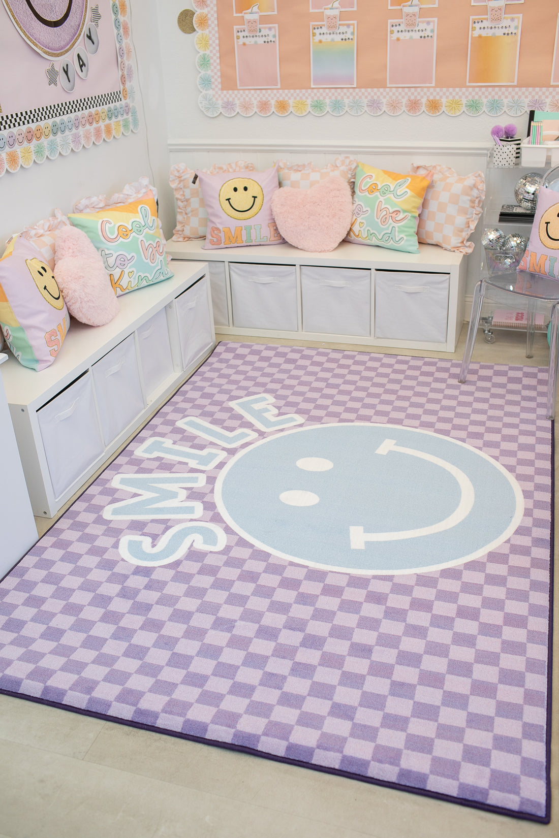 Smile Lavender Checkerboard Classroom Rug by Schoolgirl Style