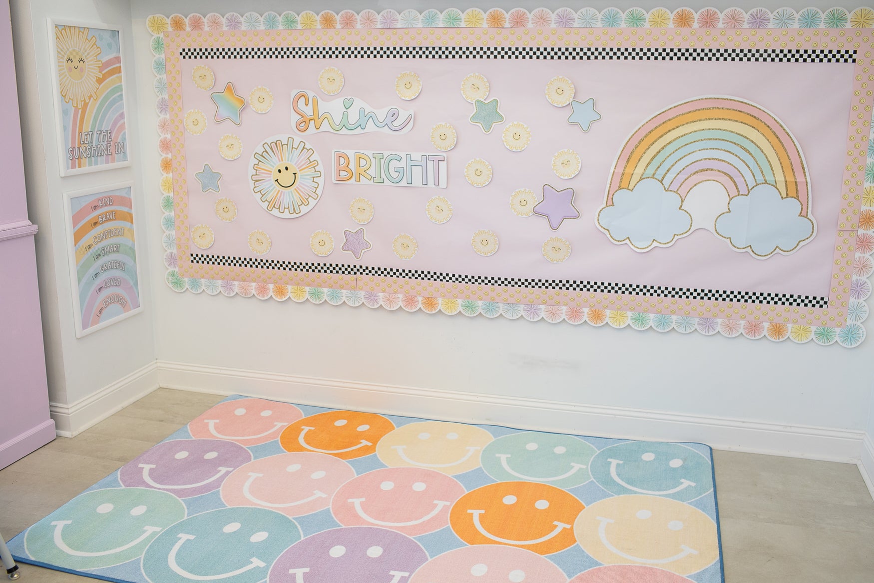 Pastel Rainbow Smileys Classroom Rug by Schoolgirl Style