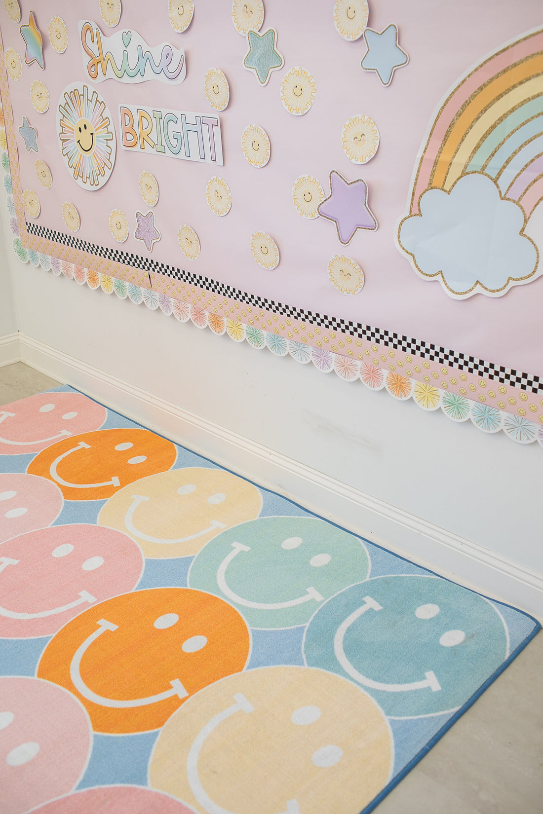 Pastel Rainbow Smileys Classroom Rug by Schoolgirl Style