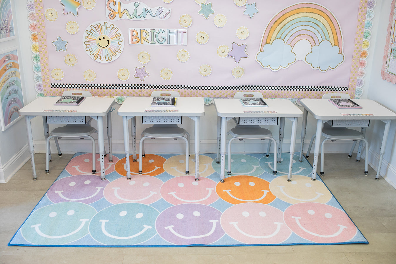 Pastel Rainbow Smileys Classroom Rug by Schoolgirl Style
