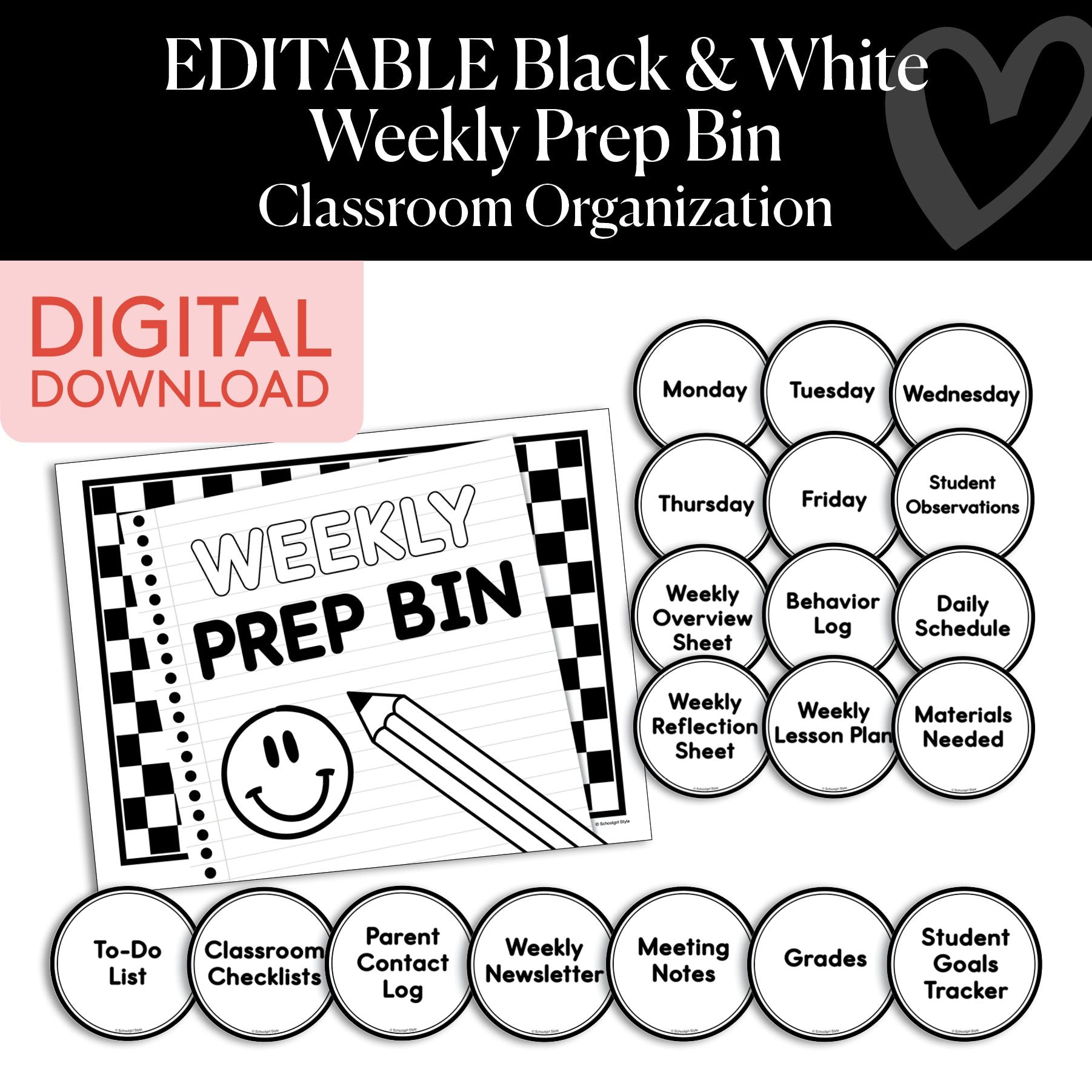 Printable Black and White Weekly Prep Bin – Schoolgirl Style