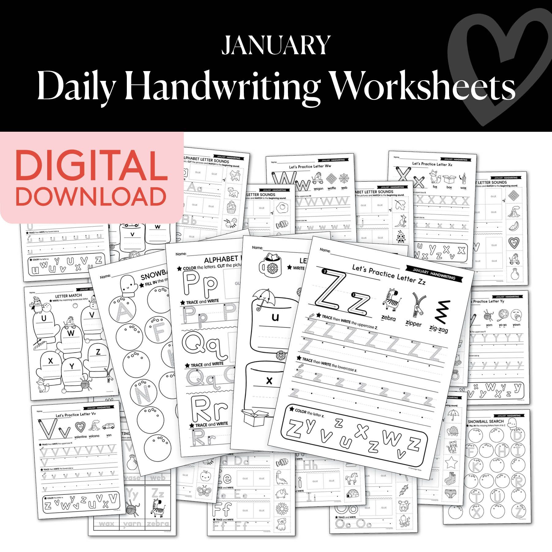 Printable January Daily Handwriting Worksheets – Schoolgirl Style