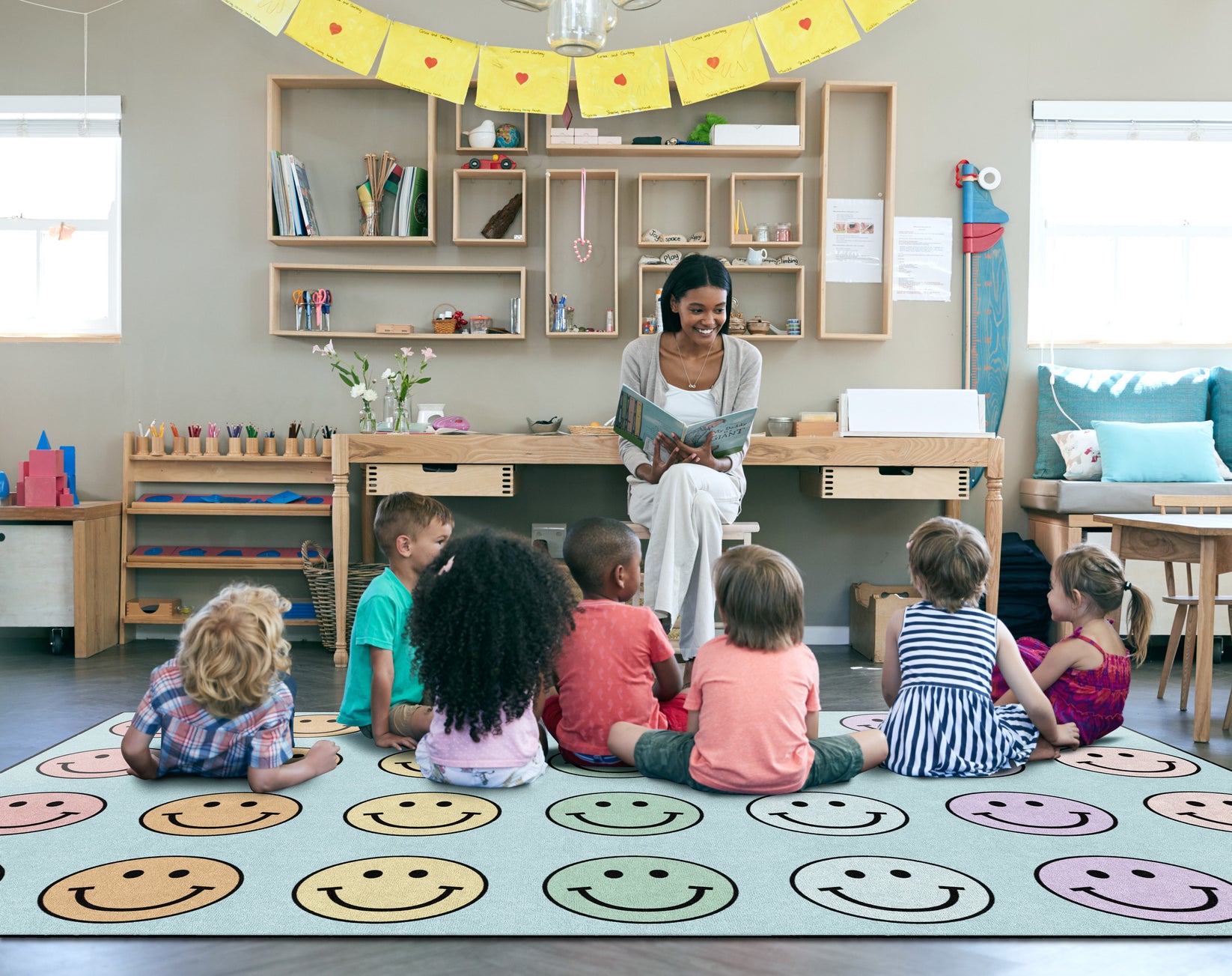 Pastel Rainbow Smileys Classroom Rug for Fun Learning – Schoolgirl Style
