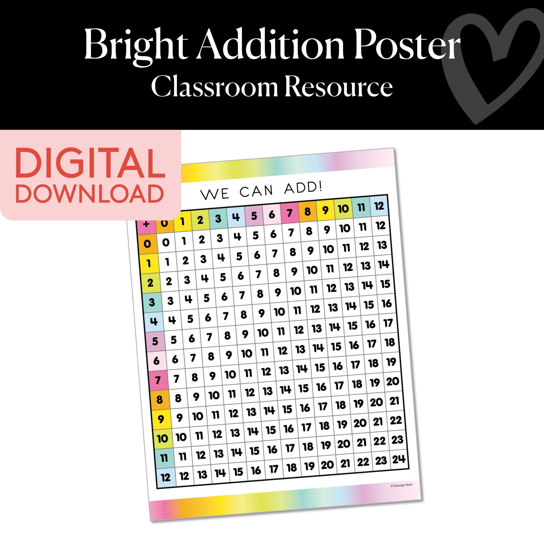 Printable Bright Addition Poster – Schoolgirl Style