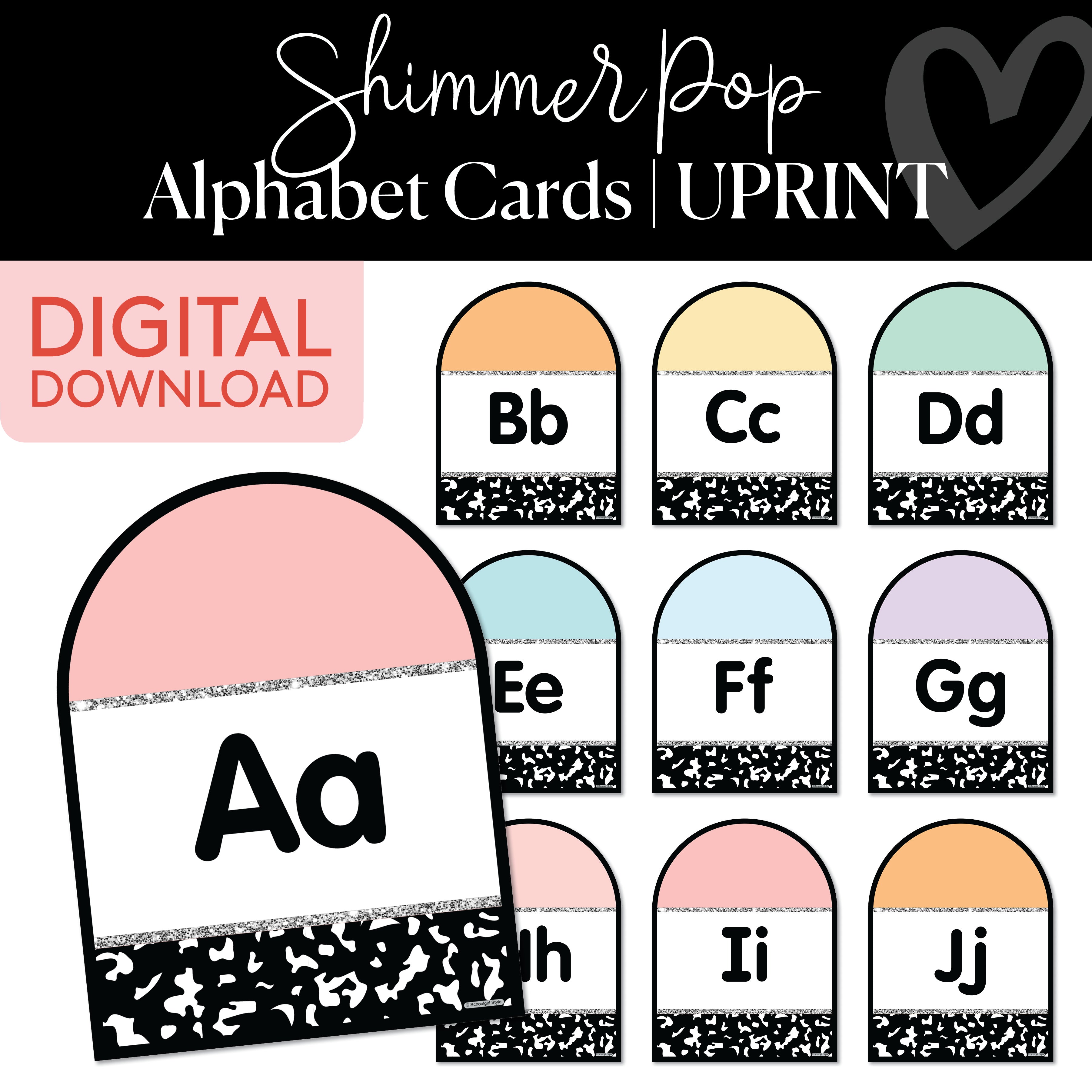Alphabet Cards | Shimmer Pop | Printable Classroom Decor | Schoolgirl ...