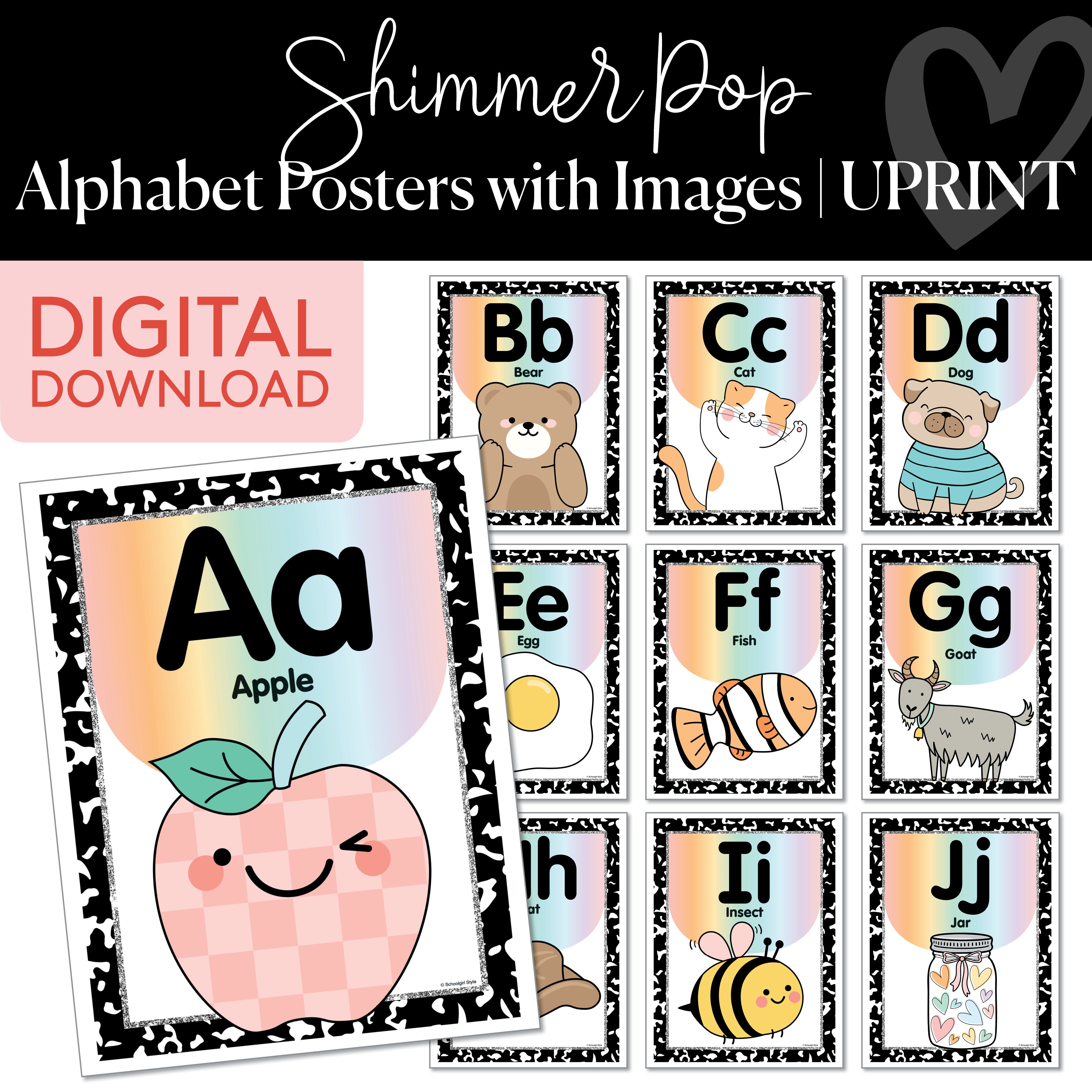 Alphabet Cards | Shimmer Pop | Printable Classroom Decor | Schoolgirl ...