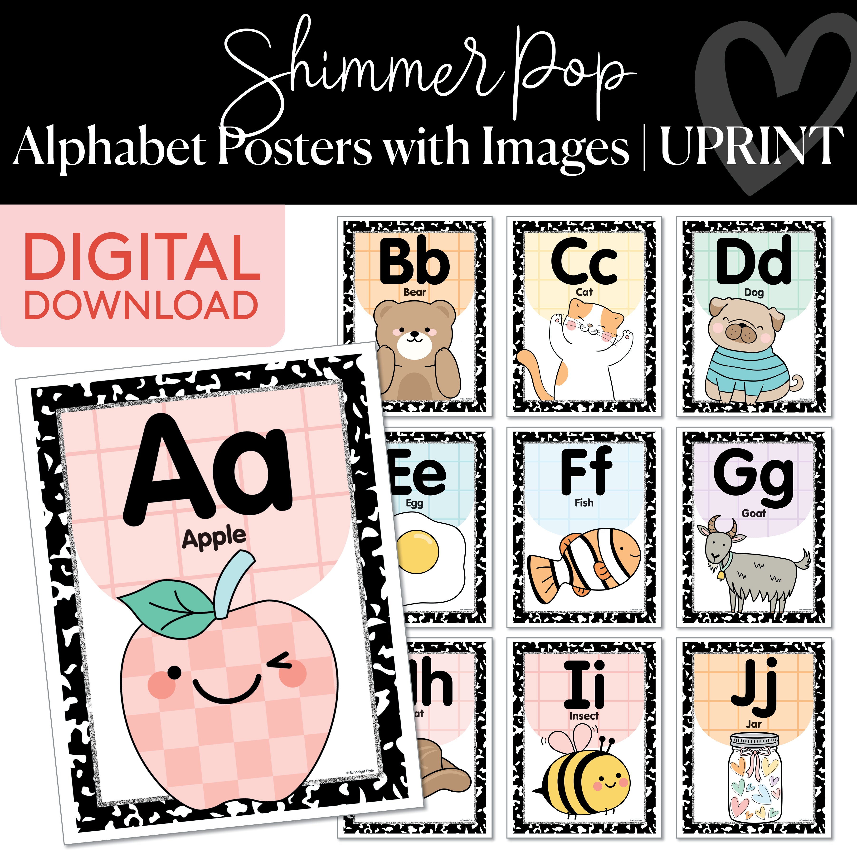 Alphabet Cards | Shimmer Pop | Printable Classroom Decor | Schoolgirl ...