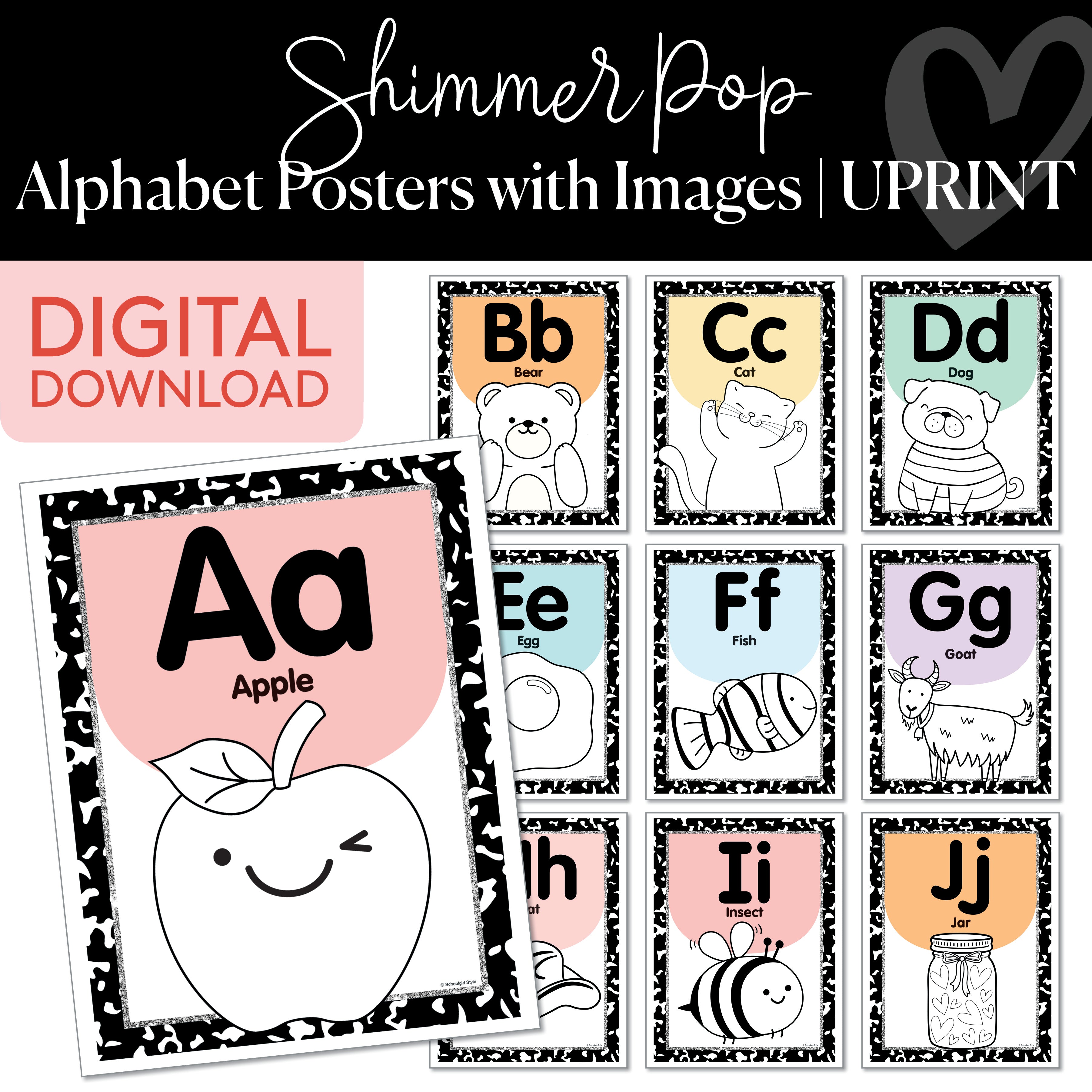 Alphabet Cards | Shimmer Pop | Printable Classroom Decor | Schoolgirl ...