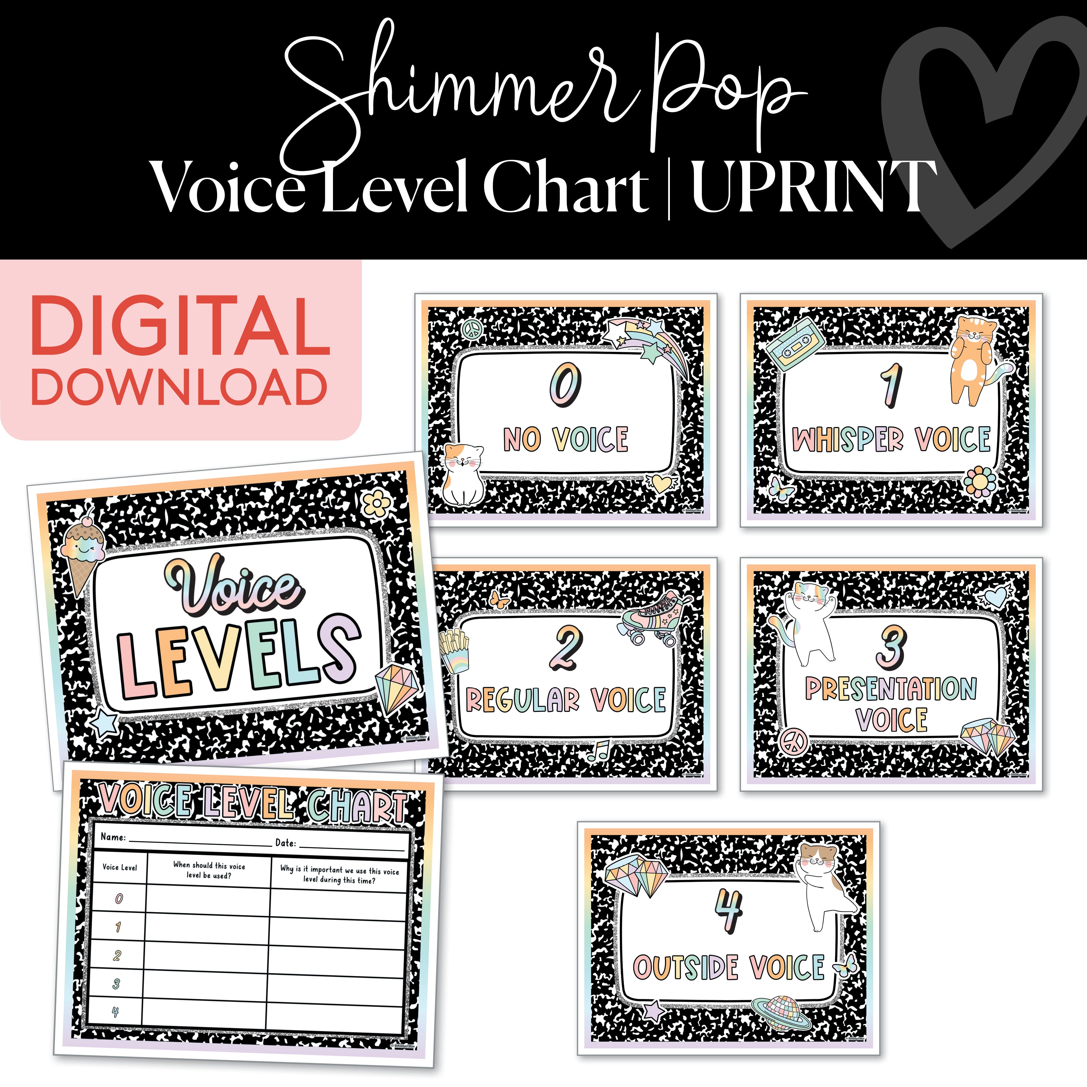 Classroom Voice Level Charts | Shimmer Pop | Printable Classroom Decor ...