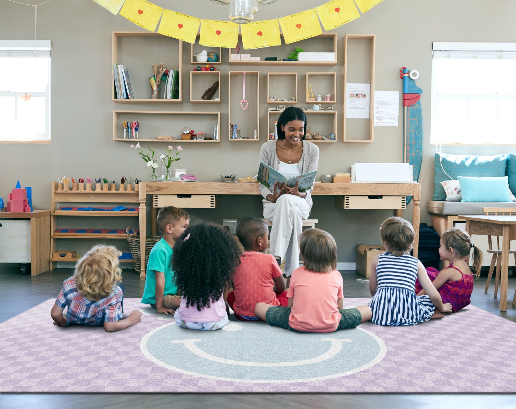 Smile Lavender Checkerboard Classroom Rug by Schoolgirl Style