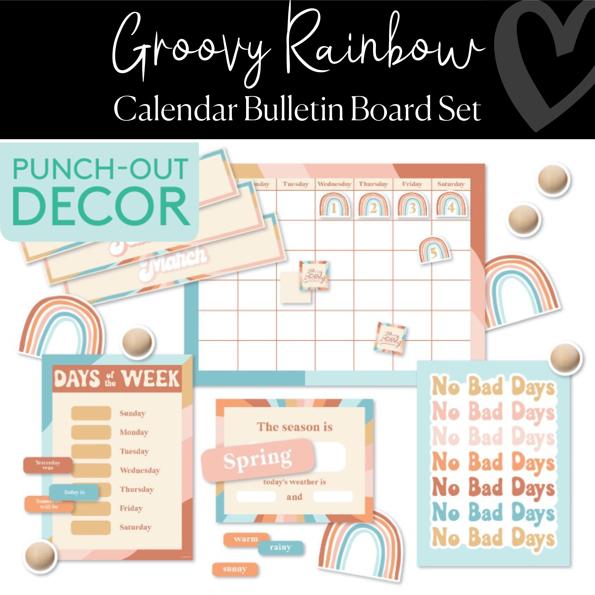 Groovy Rainbow | Calendar Bulletin Board Set | Good Vibes | Schoolgirl ...
