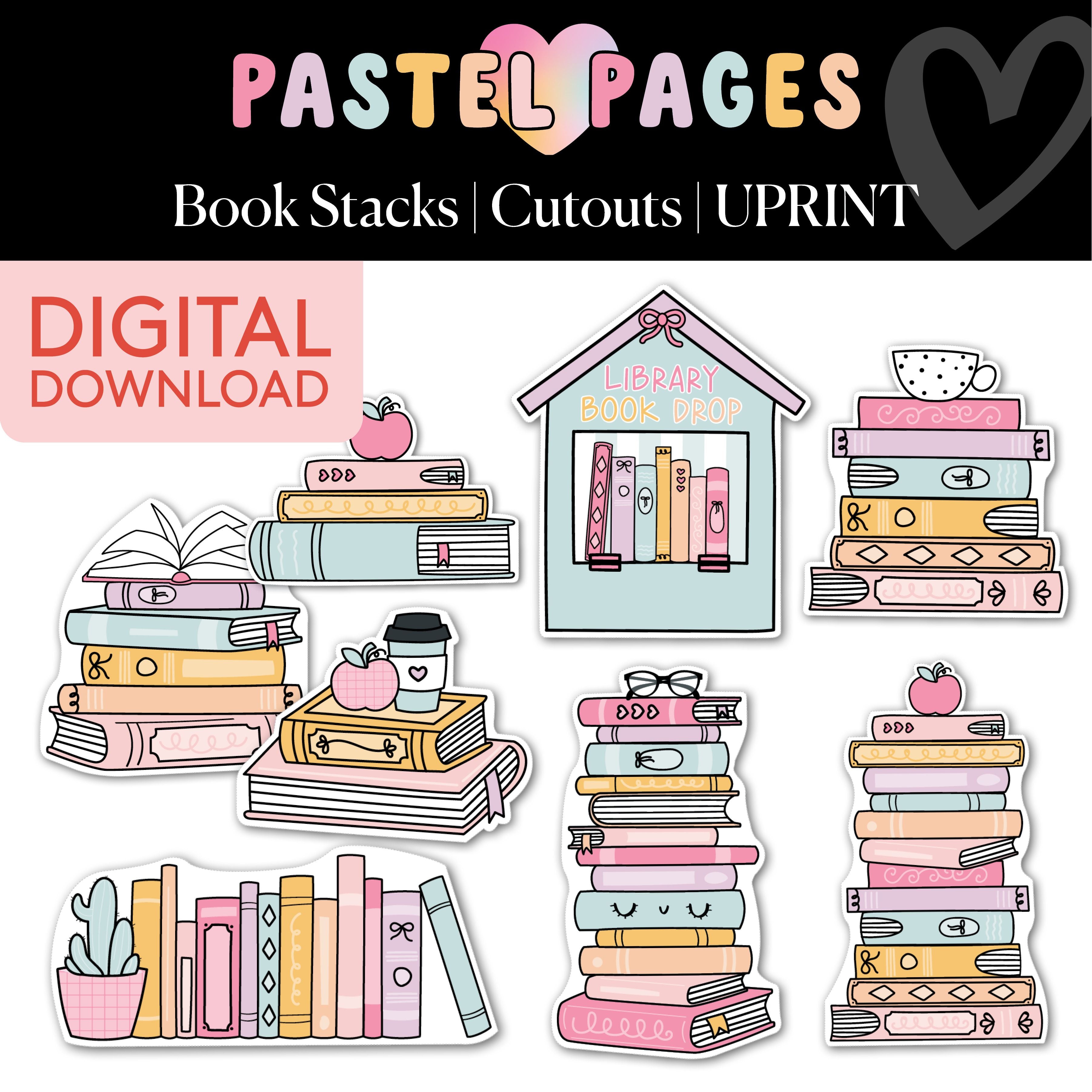 Boho Pastel Book Stacks Printable Bulletin Board Cutouts | Pastel Page ...
