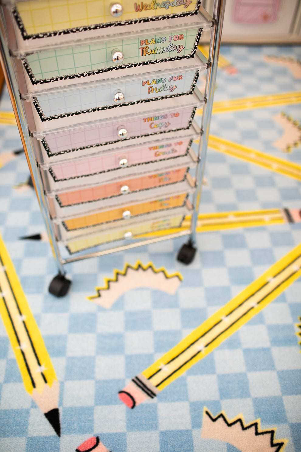 Pencils on Blue Checkerboard Classroom Rug by Schoolgirl Style