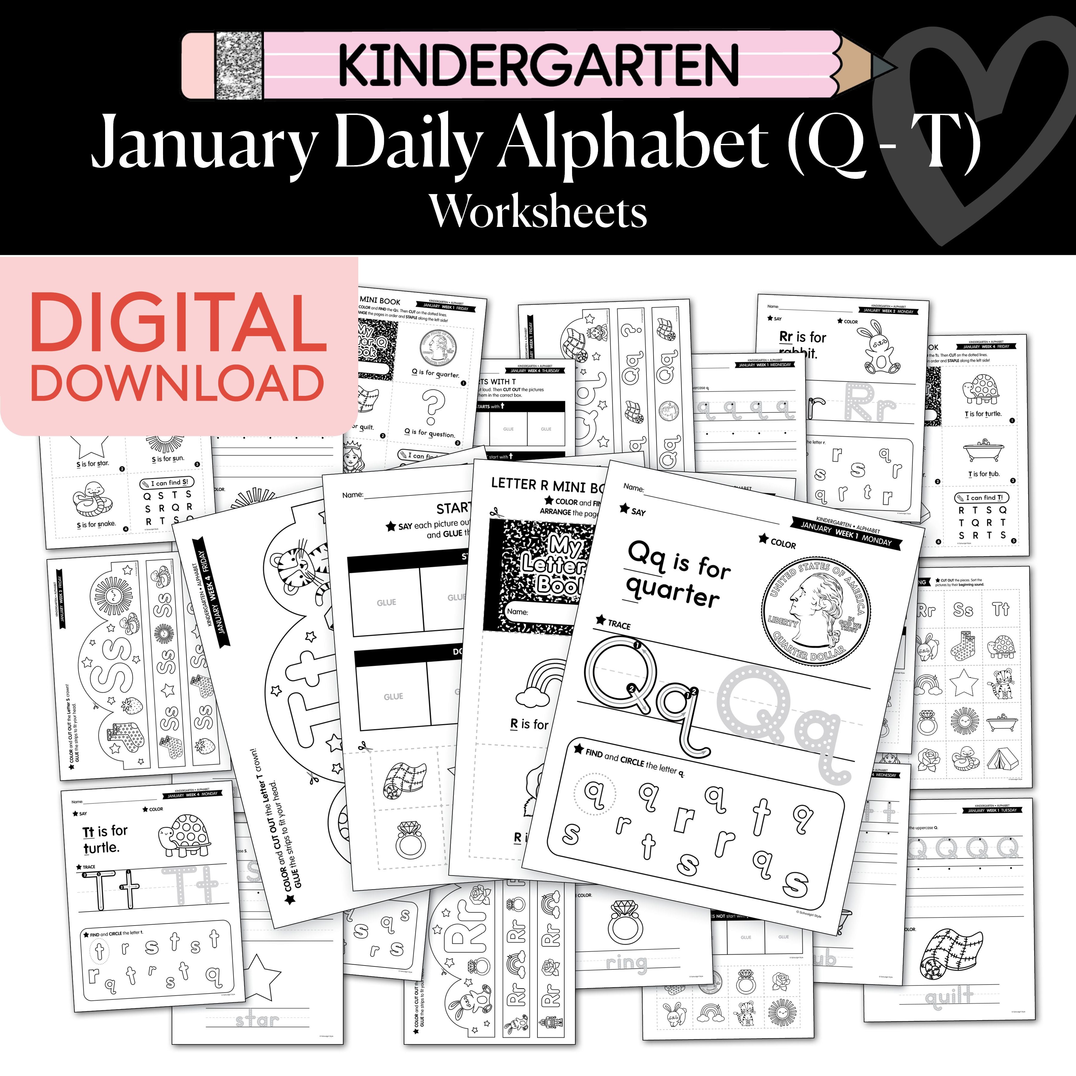 Printable Kindergarten January Daily Alphabet (Q-T) – Schoolgirl Style