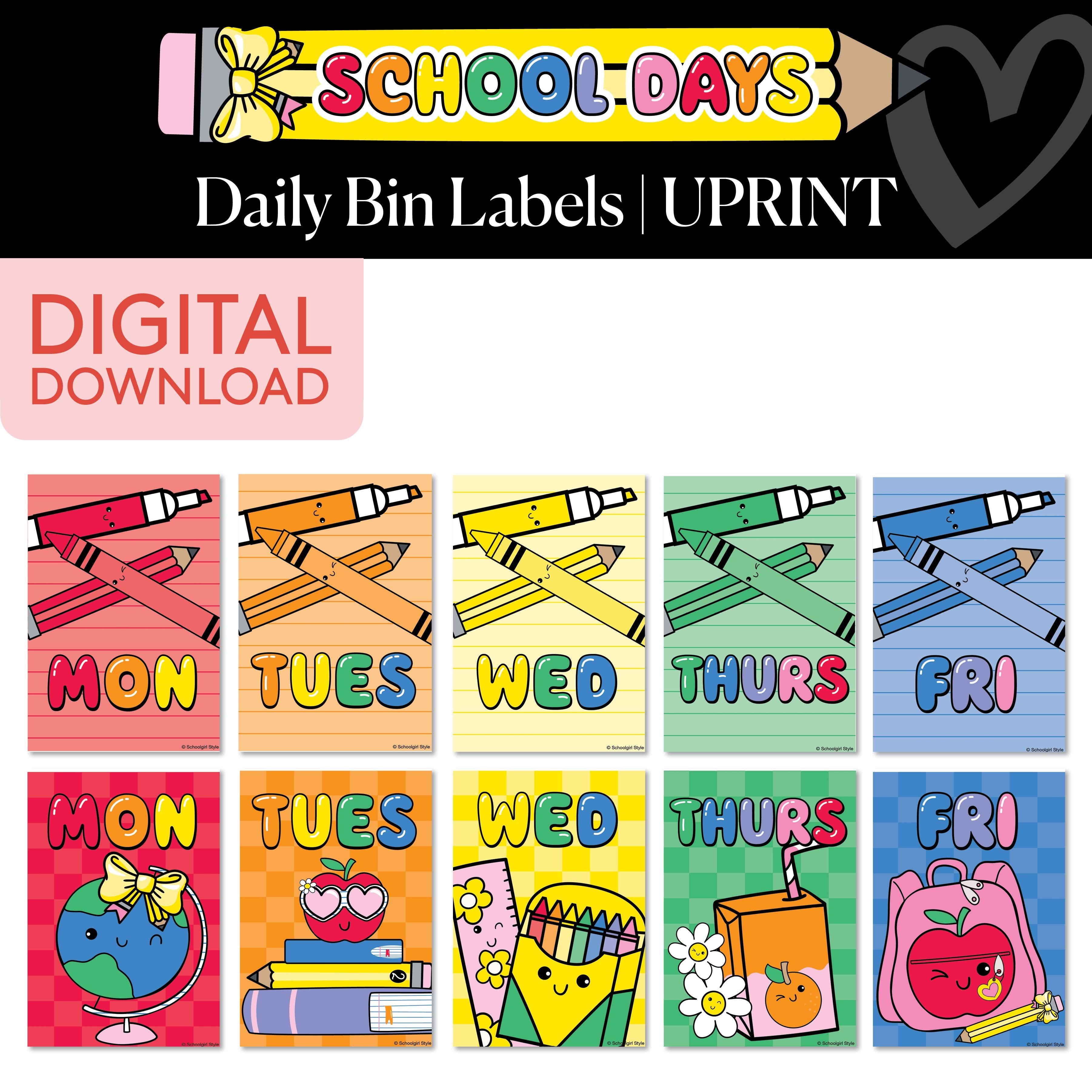 Printable Bright Rainbow Daily Bin Labels | School Days – Schoolgirl Style